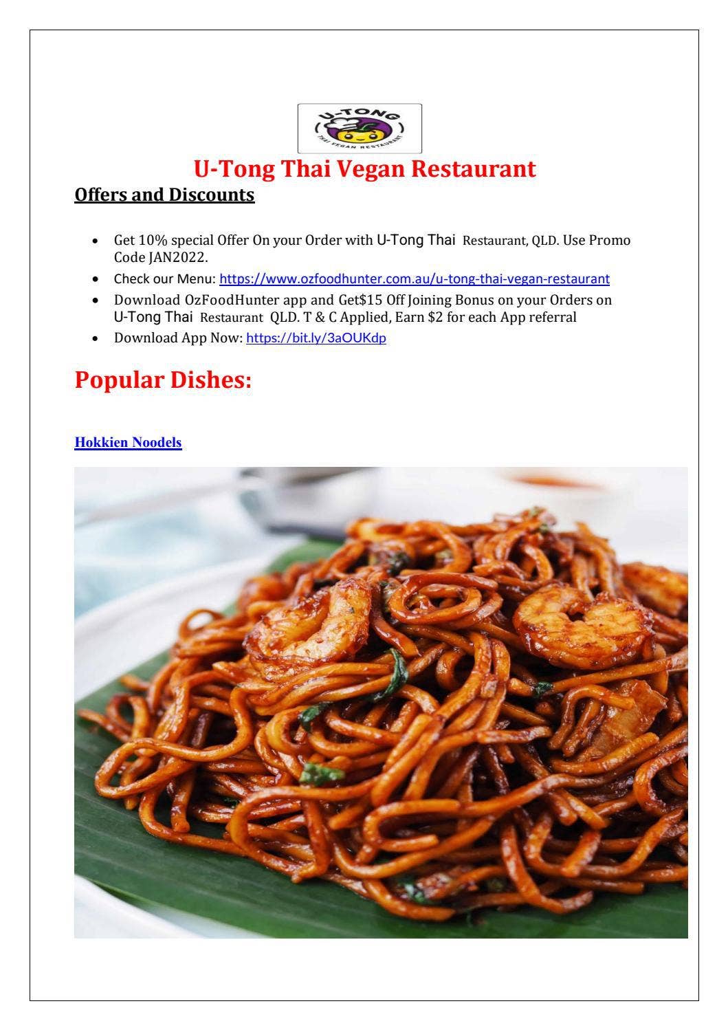 10% off - U-Tong Thai Restaurant Menu Clayfield, QLD by SonWilliamson ...