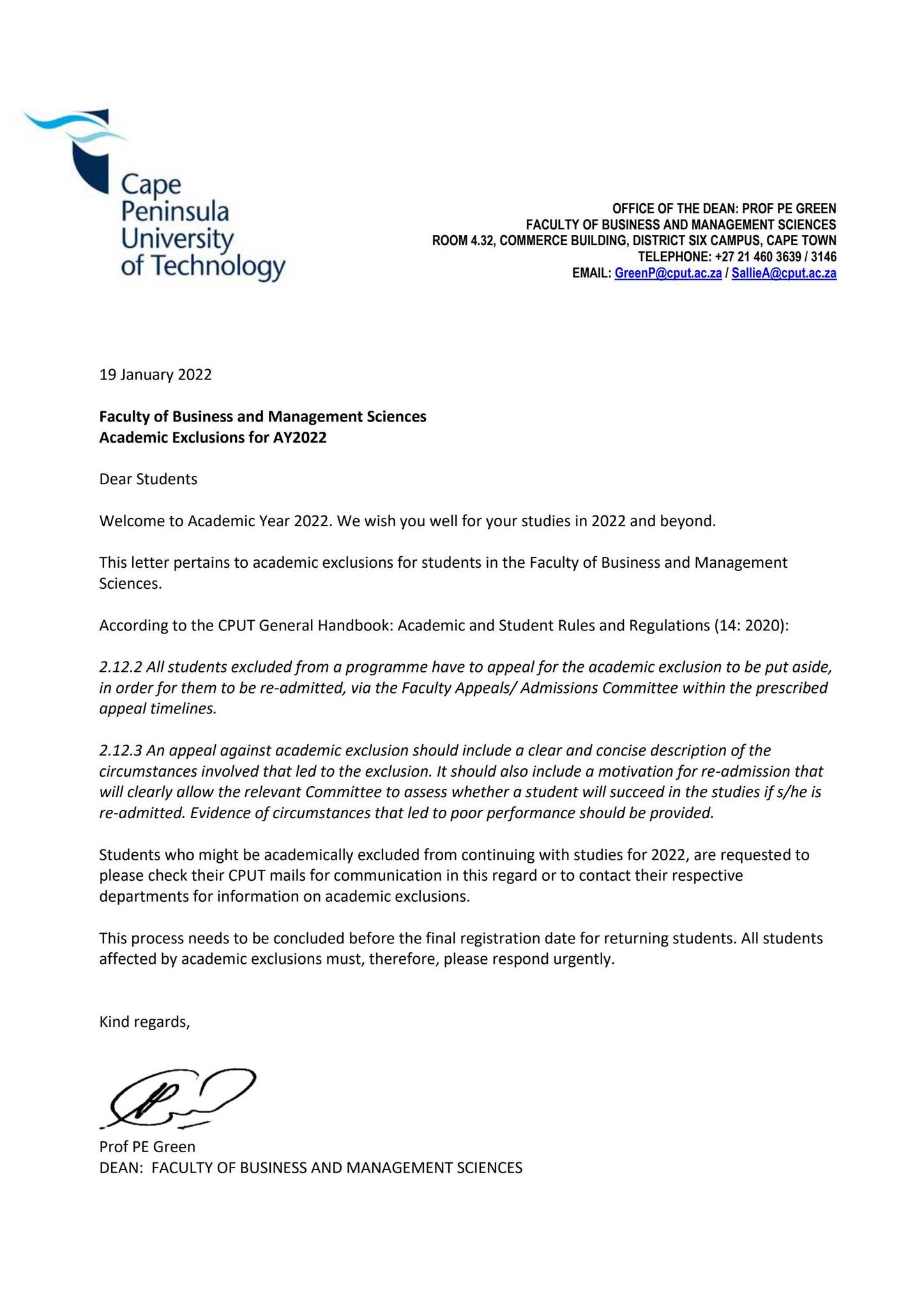 FBMS - Academic Exclusions - Letter to Students by Cape Peninsula ...