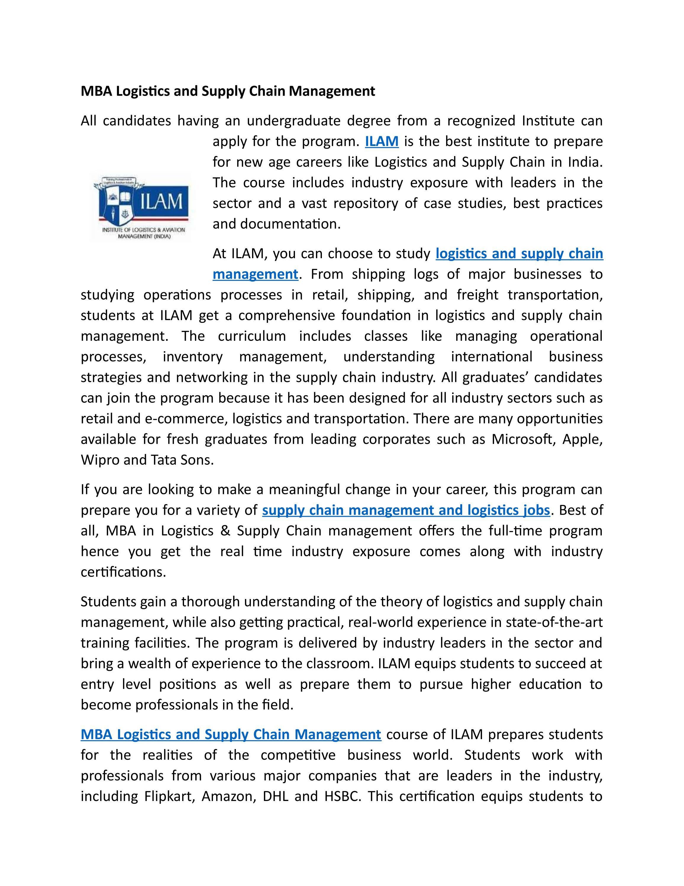 MBA Logistics and Supply Chain Management by ILAM INDIA - Issuu