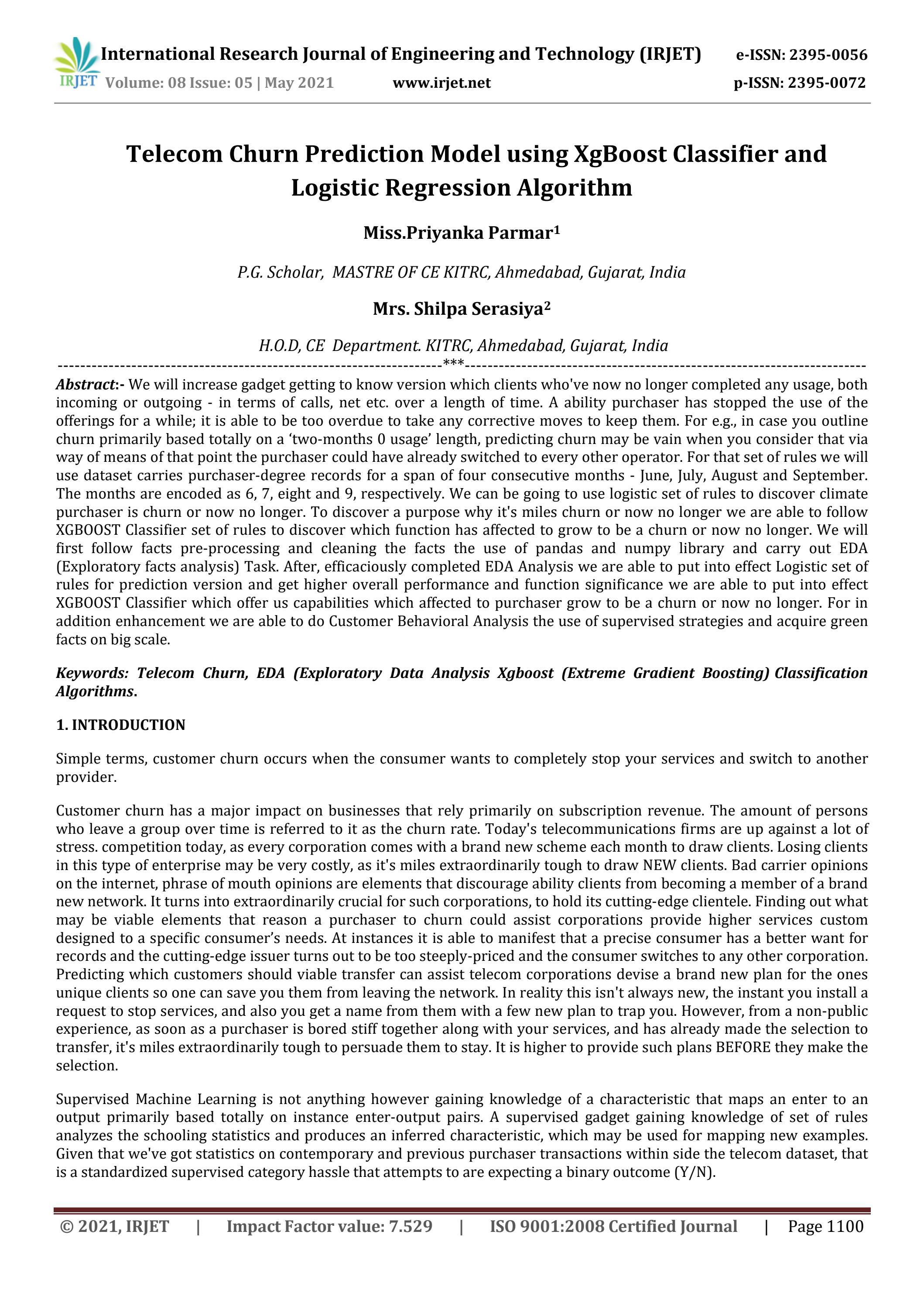 IRJET- Telecom Churn Prediction Model using XGBoost Classifier and ...