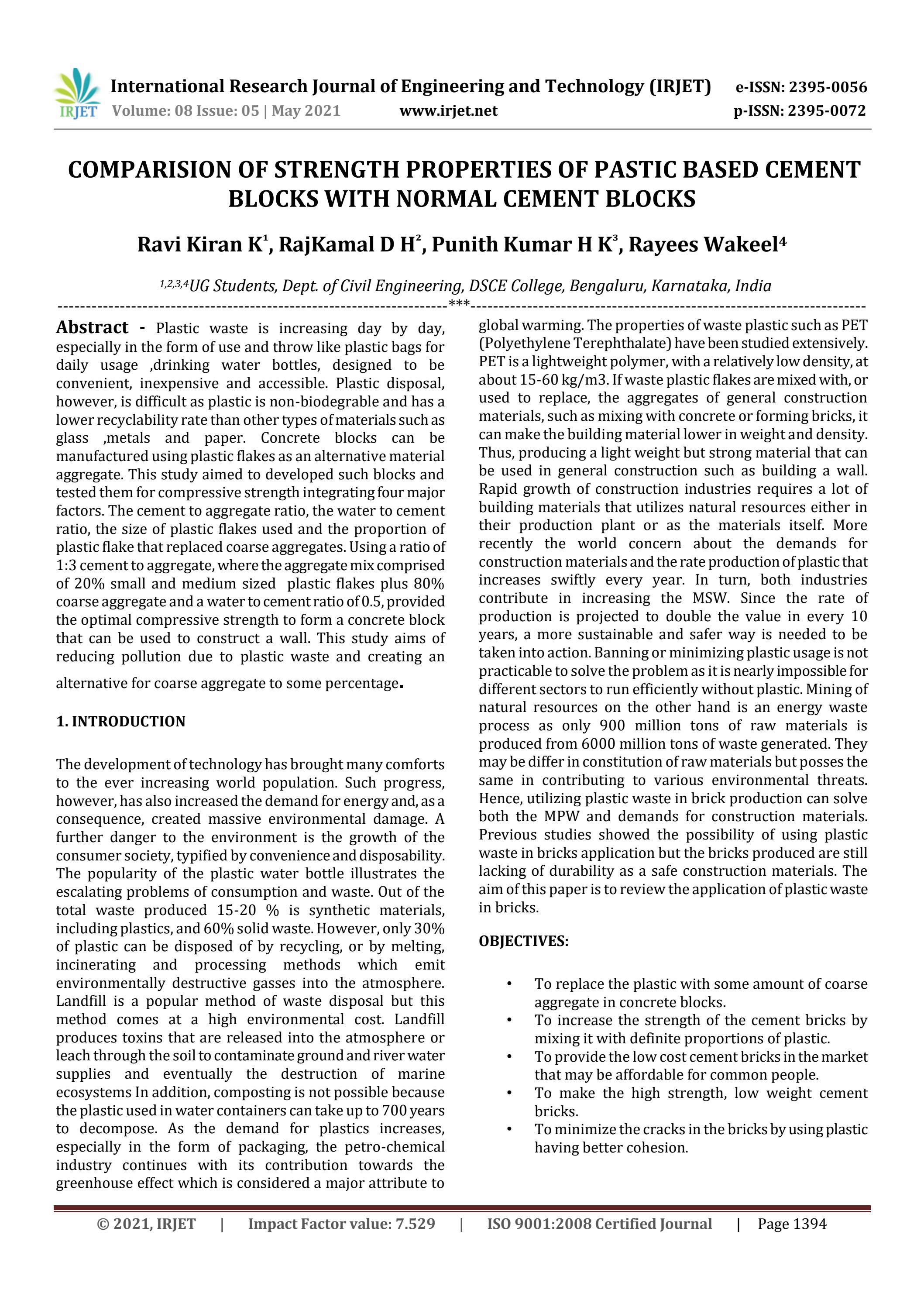 IRJET- Comparision of Strength Properties of Pastic based Cement Blocks ...