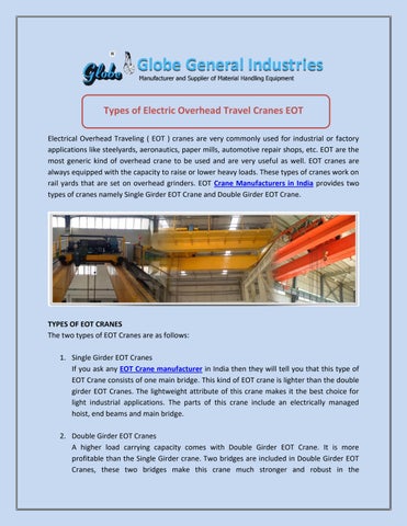 Types of Electric Overhead Travel Cranes EOT | Globe General Industries ...