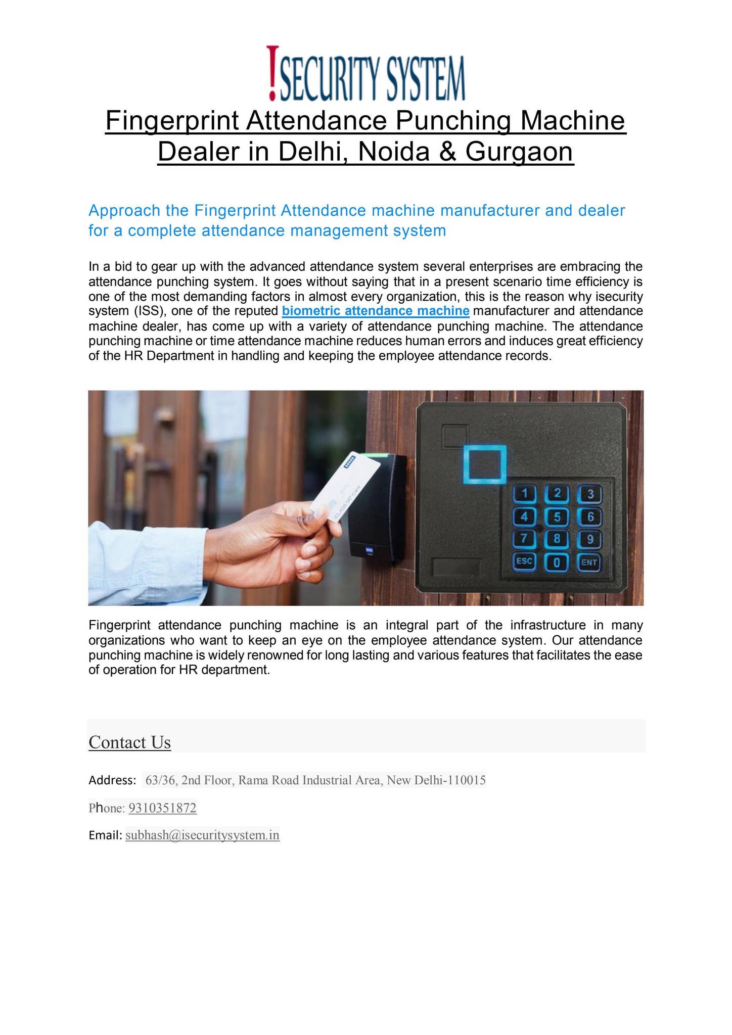 Fingerprint Attendance Punching Machine Dealer in Delhi, Noida ...