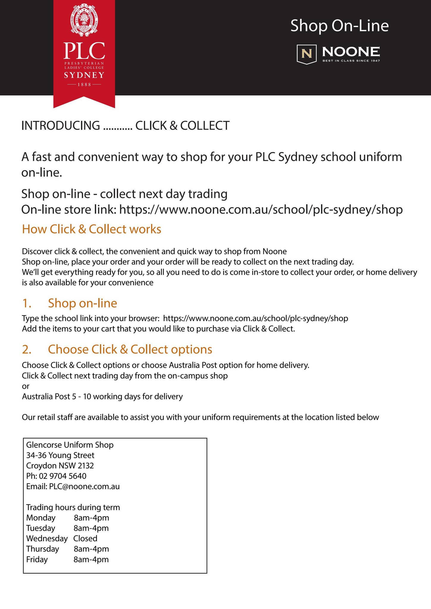 PLC Sydney Uniform Purchases using Click and Collect by PLC Sydney - Issuu