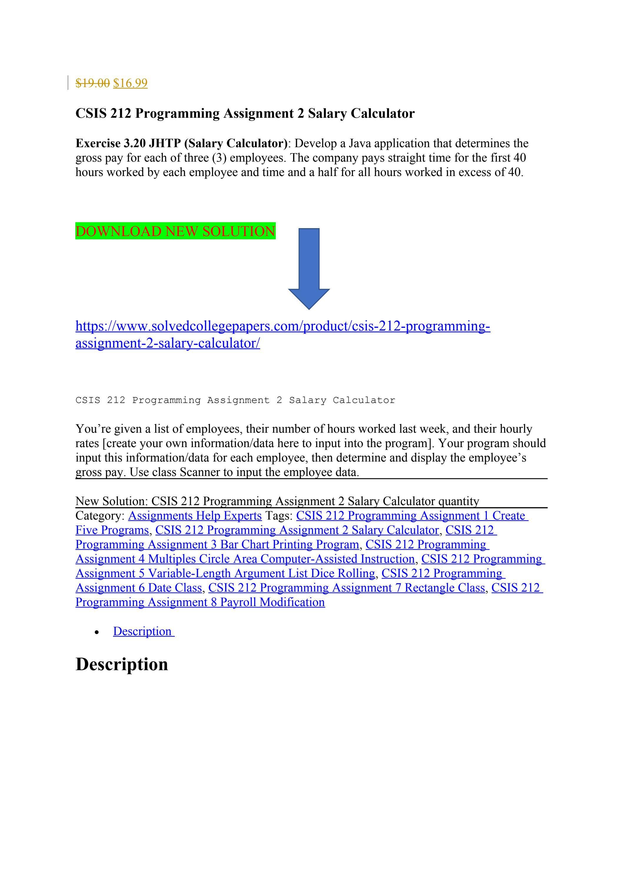 New Soldownload Csis 212 Programming Assignment 2 Salary Calculator 1699 Solvedcollegepapers