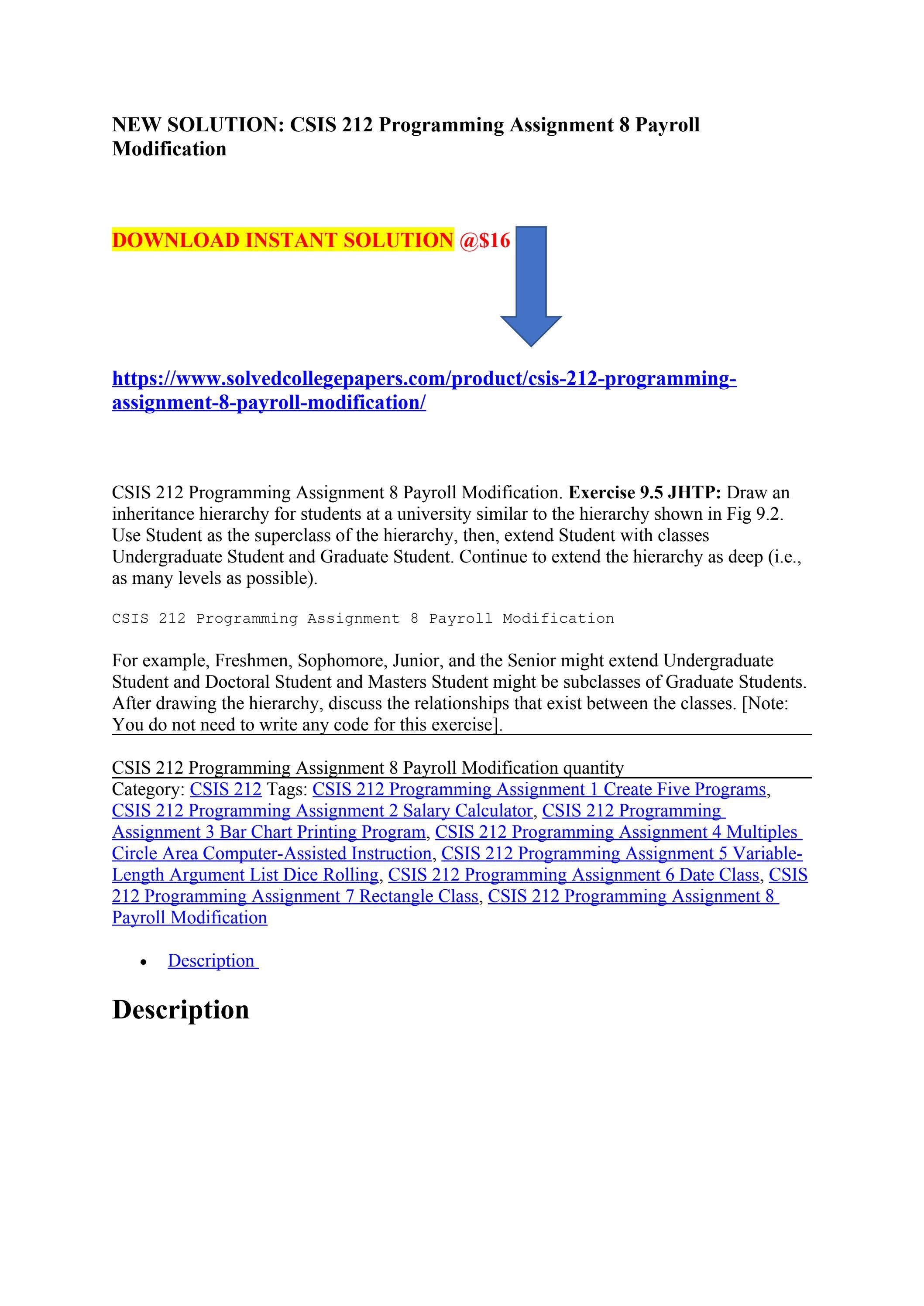 New Solution Csis 212 Programming Assignment 8 Payroll Modification Download Instant Solution