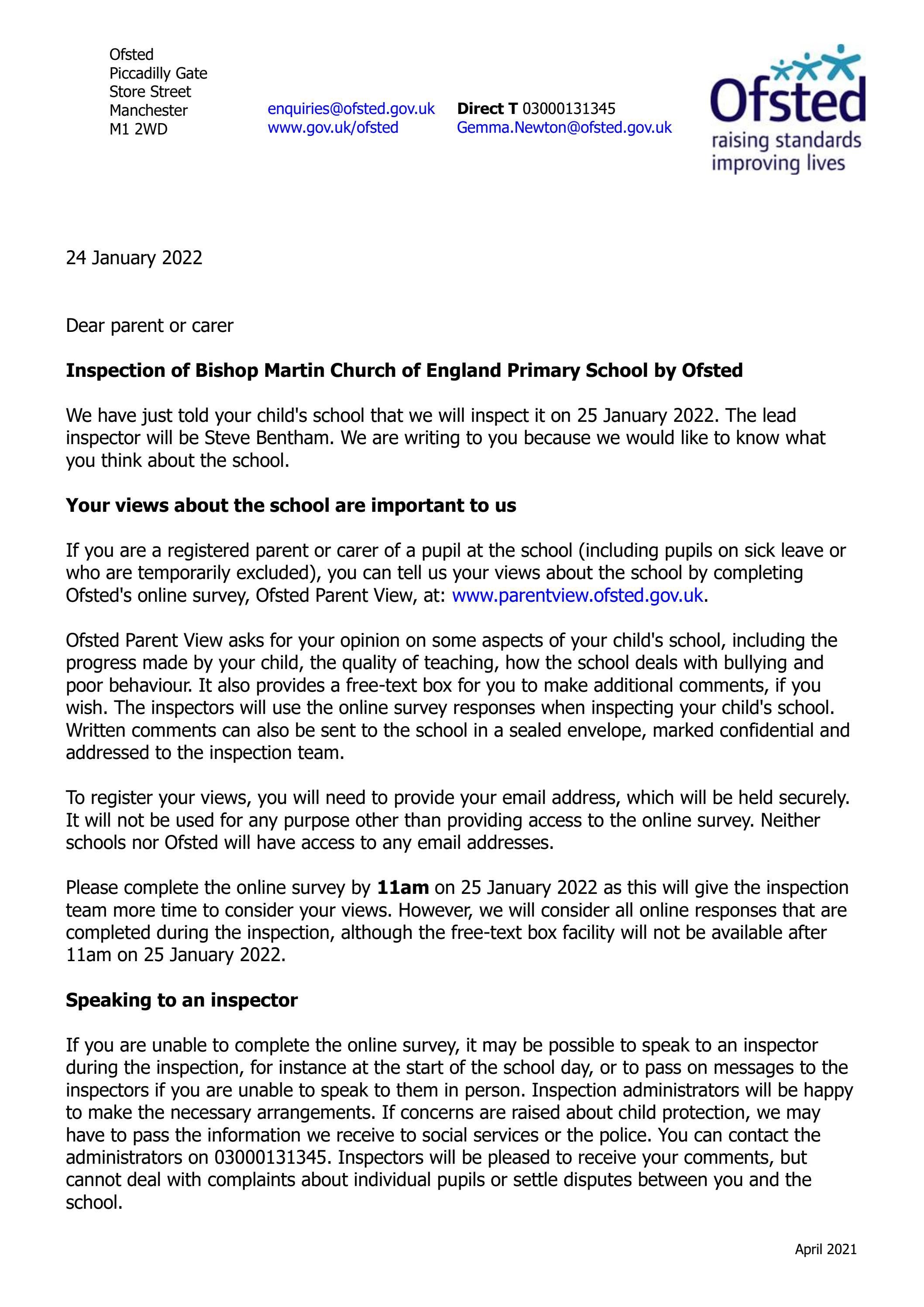 Letter to Parents re: Ofsted Inspection by Schudio - Issuu