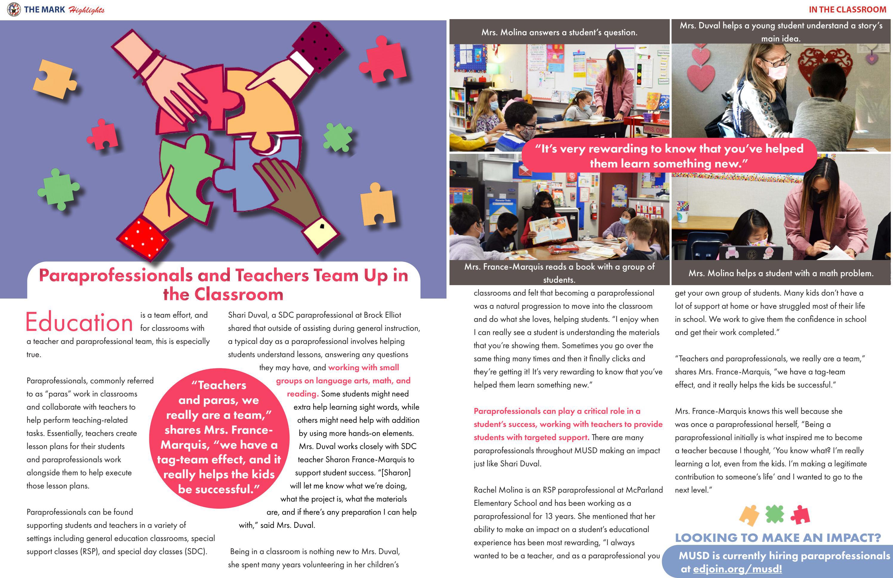 Paraprofessionals and Teachers Team Up in the Classroom by Manteca ...