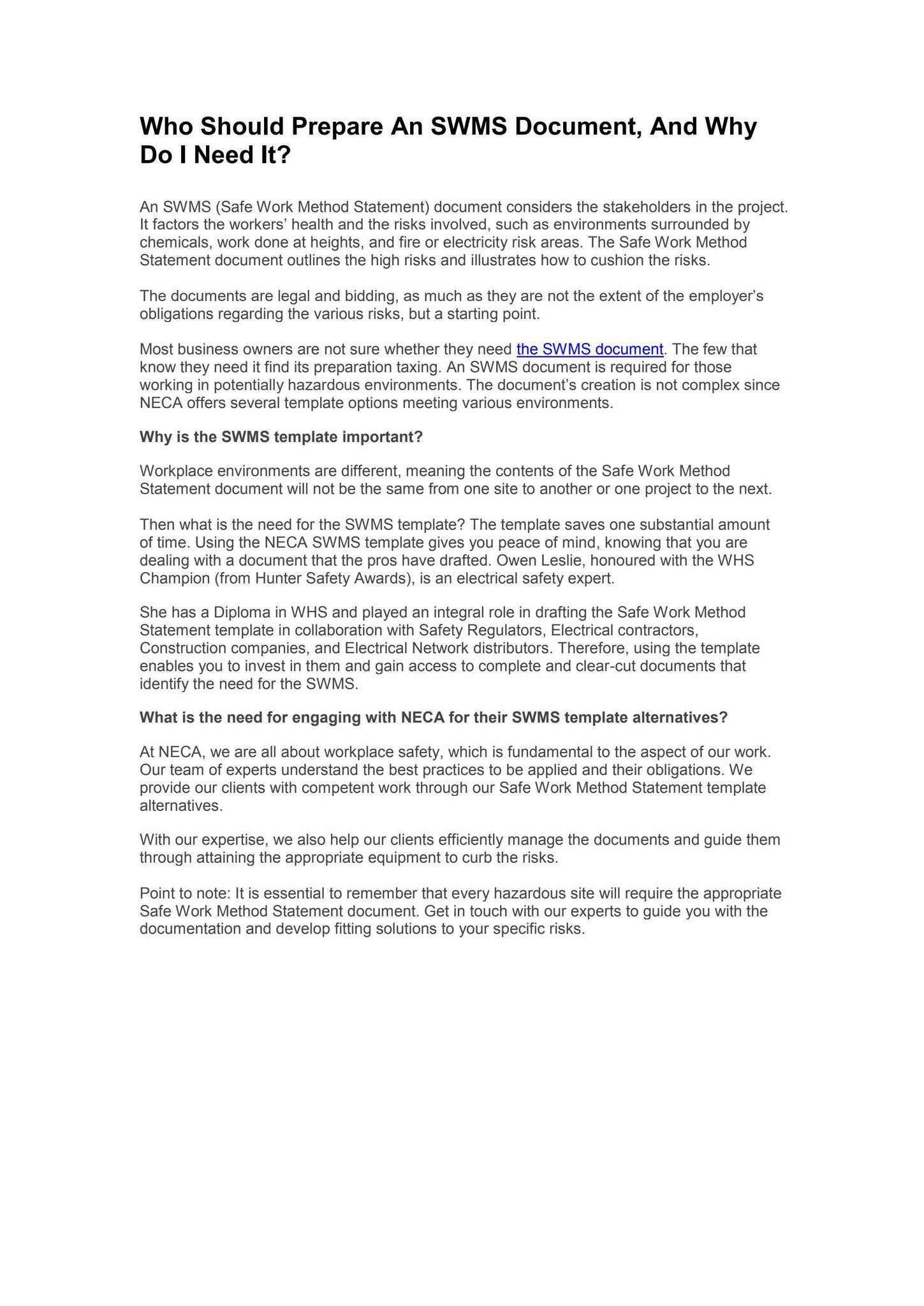 Who Should Prepare An SWMS Document, And Why Do I Need It? by ...