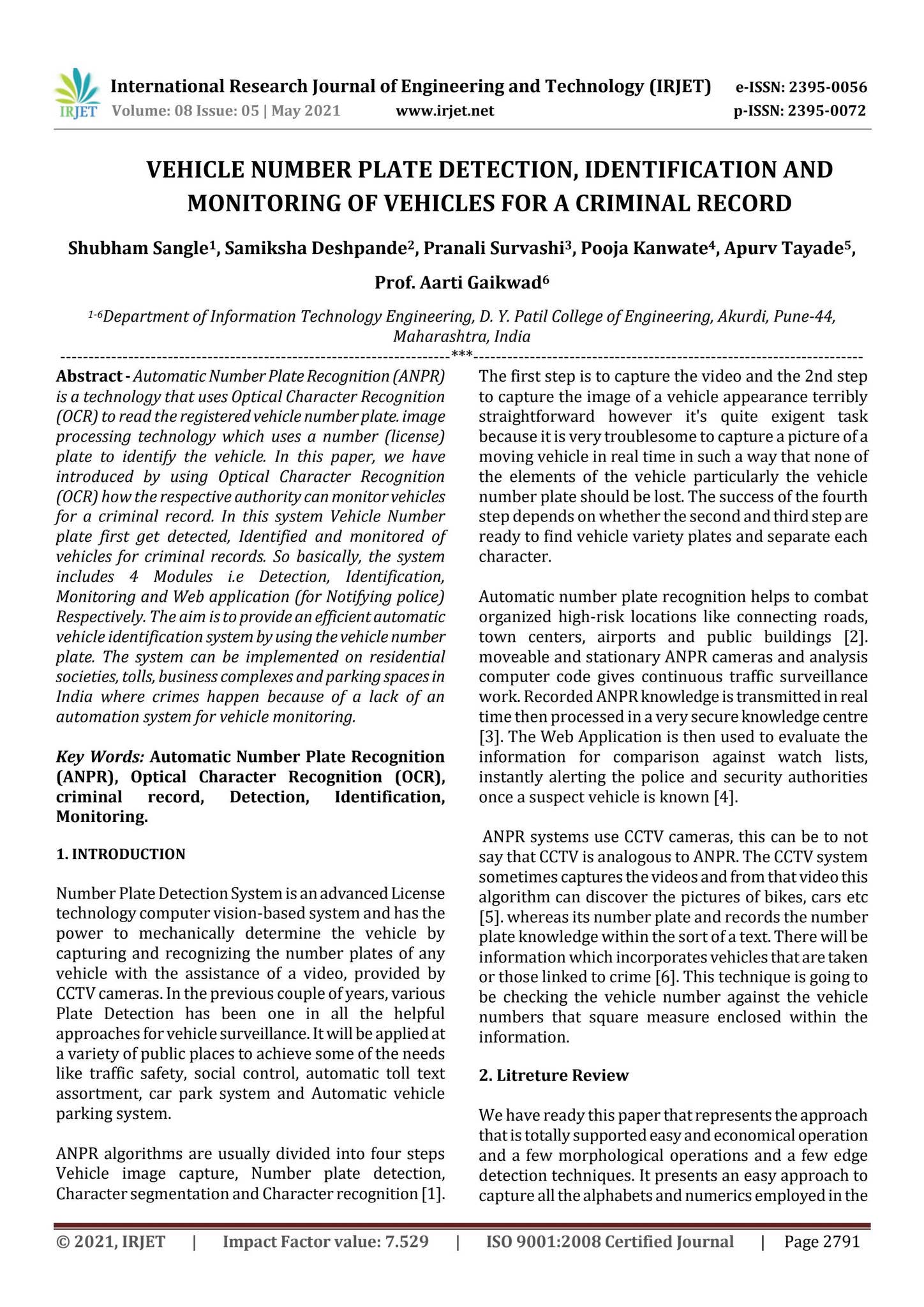 IRJET- Vehicle Number Plate Detection, Identification and Monitoring of ...