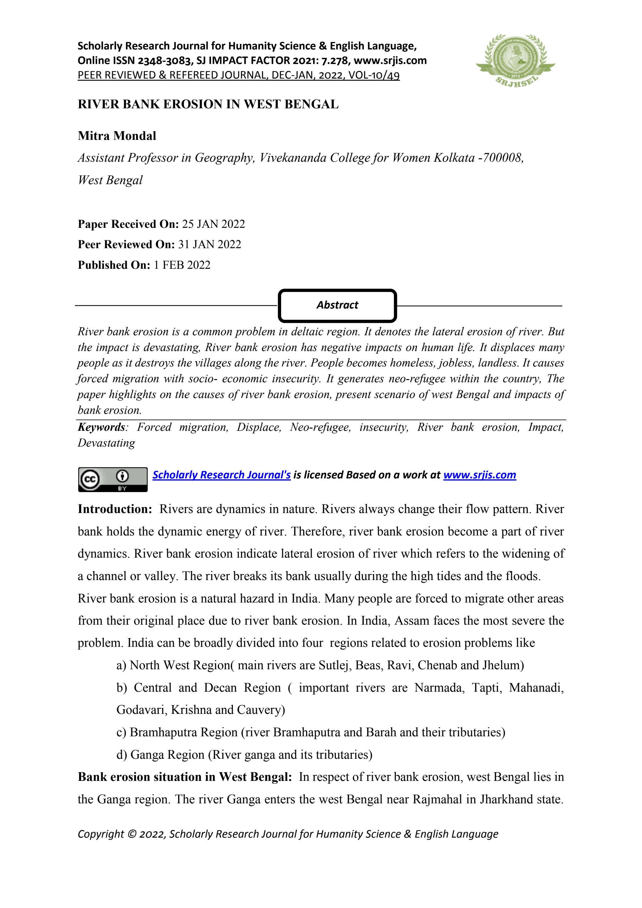 RIVER BANK EROSION IN WEST BENGAL by Scholarly Research Journal"s - Issuu