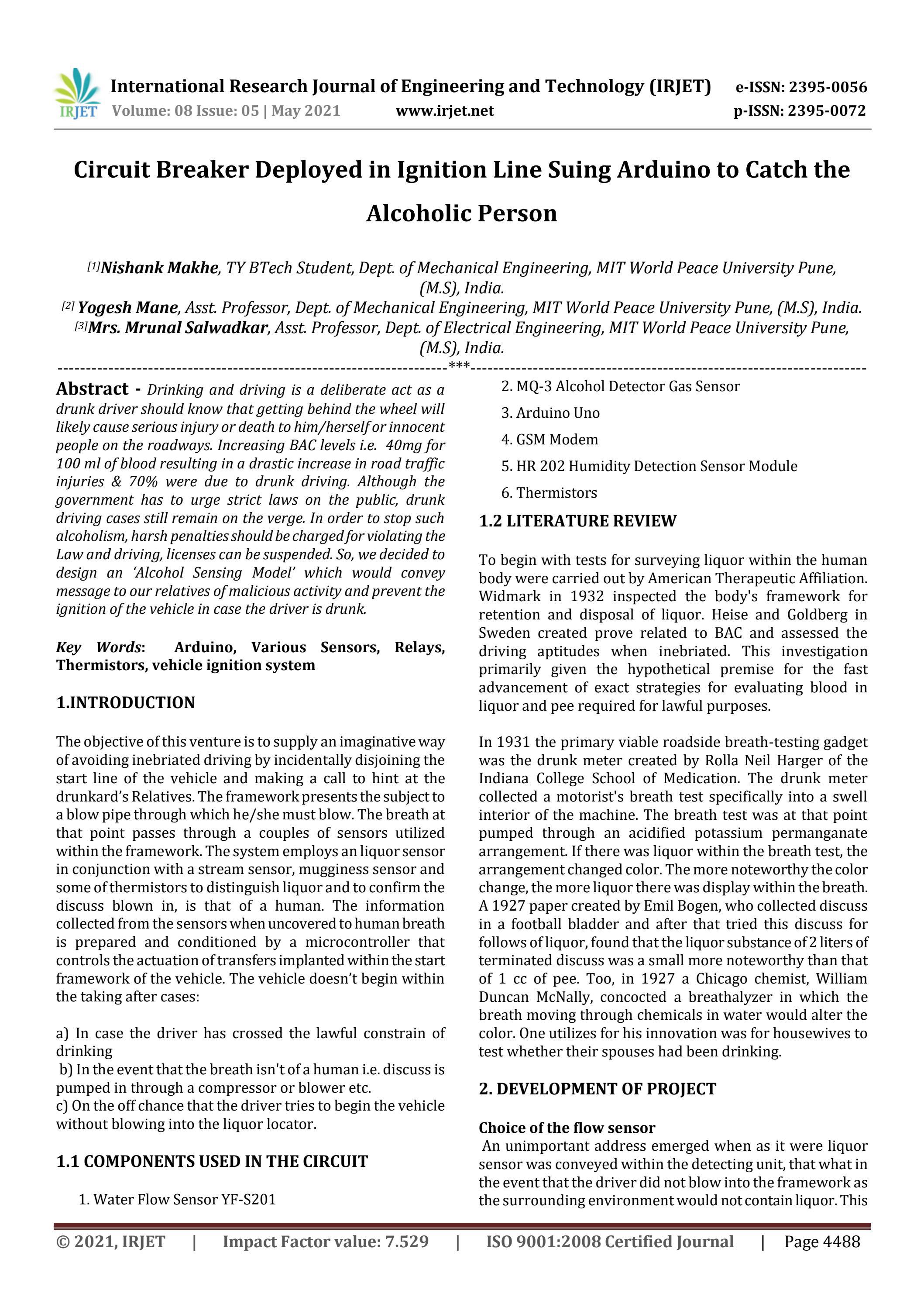 IRJET- Circuit Breaker Deployed in Ignition Line Suing Arduino to Catch ...