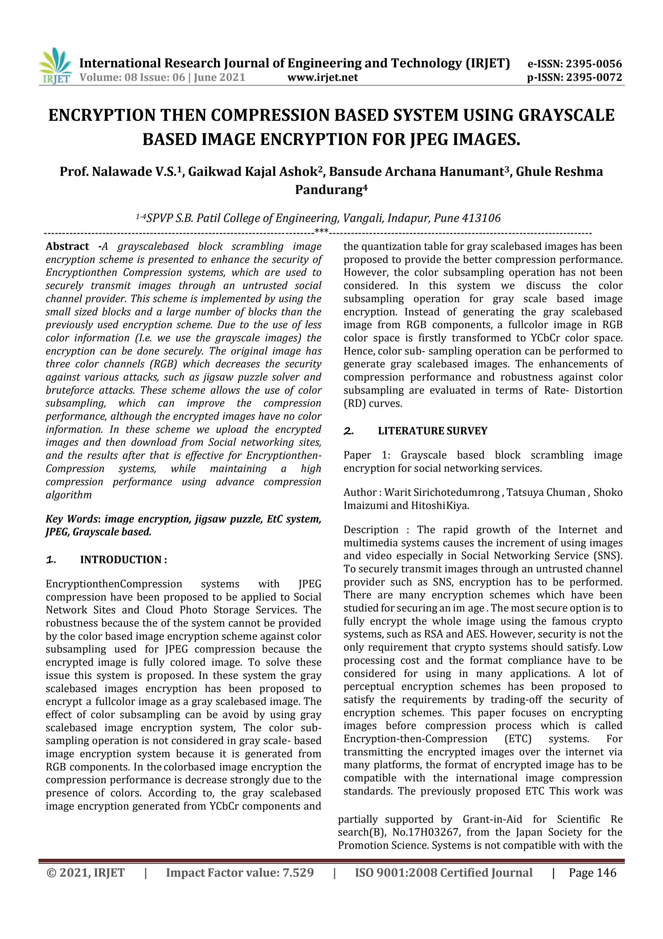 IRJET-Encryption then Compression based System using Grayscale based Image Encryption for JPEG ...