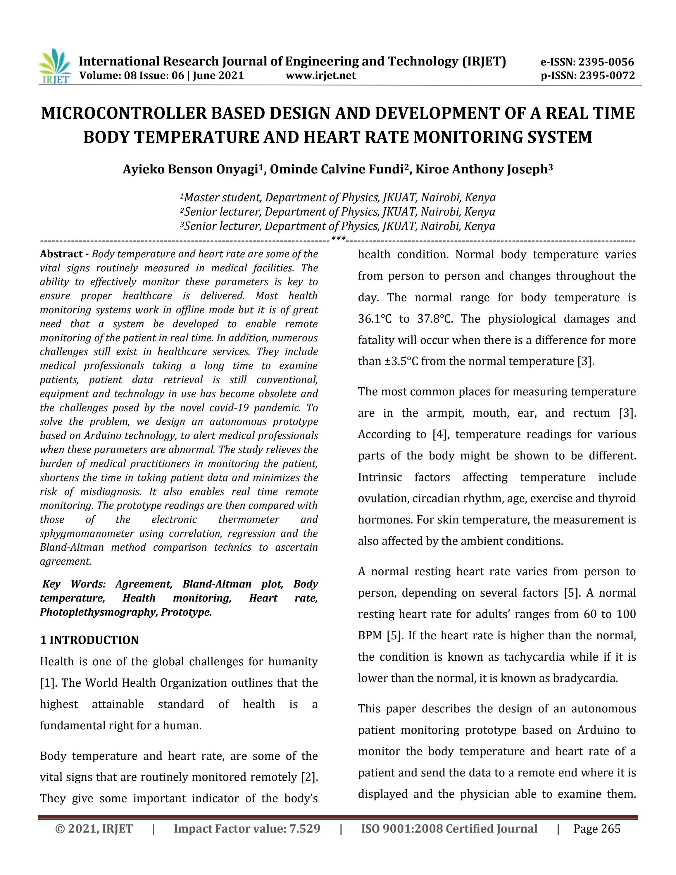 IRJET- Microcontroller based Design and Development of a Real Time Body Temperature and Heart ...