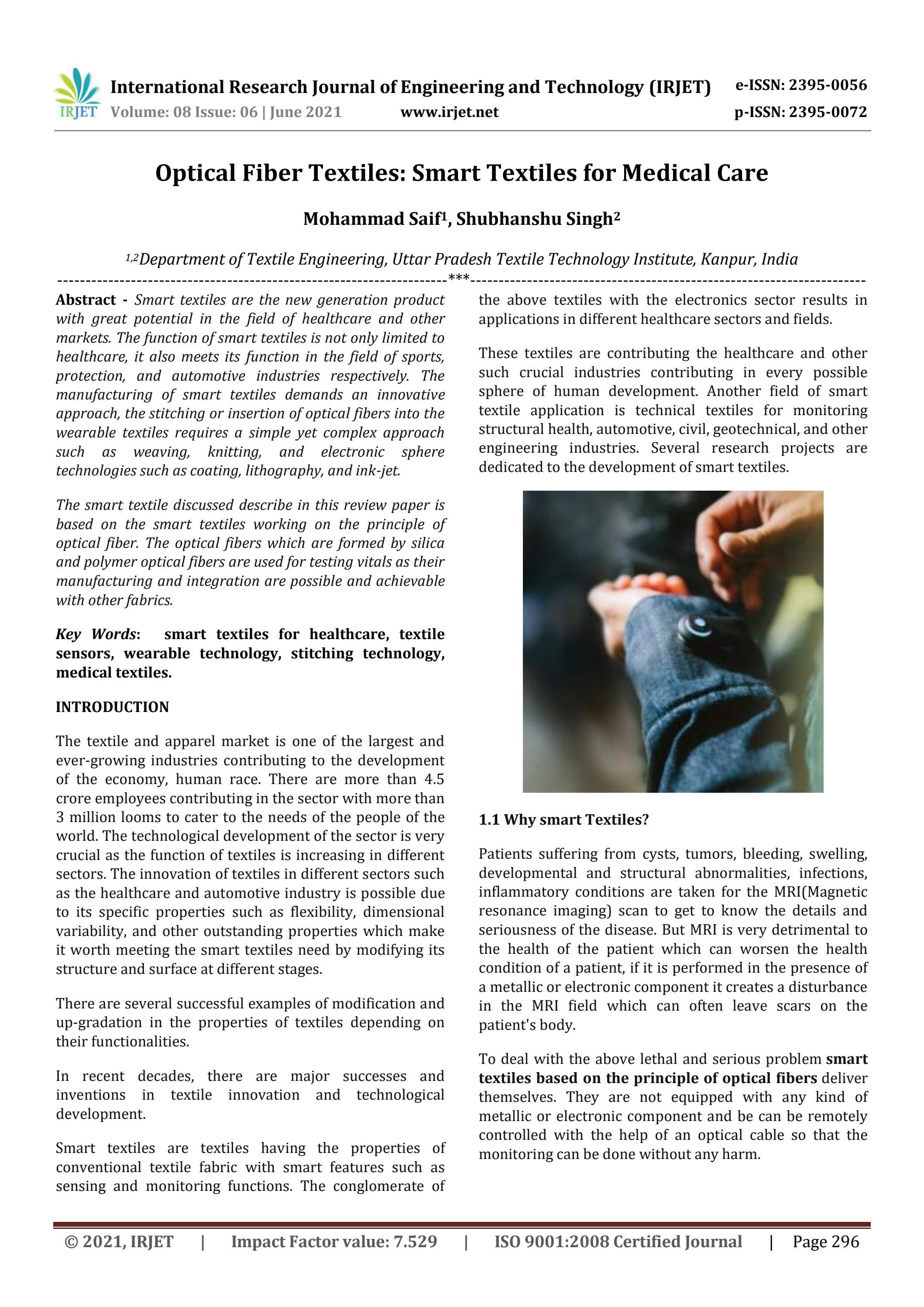 IRJET - Optical Fiber Textiles: Smart Textiles for Medical Care by ...