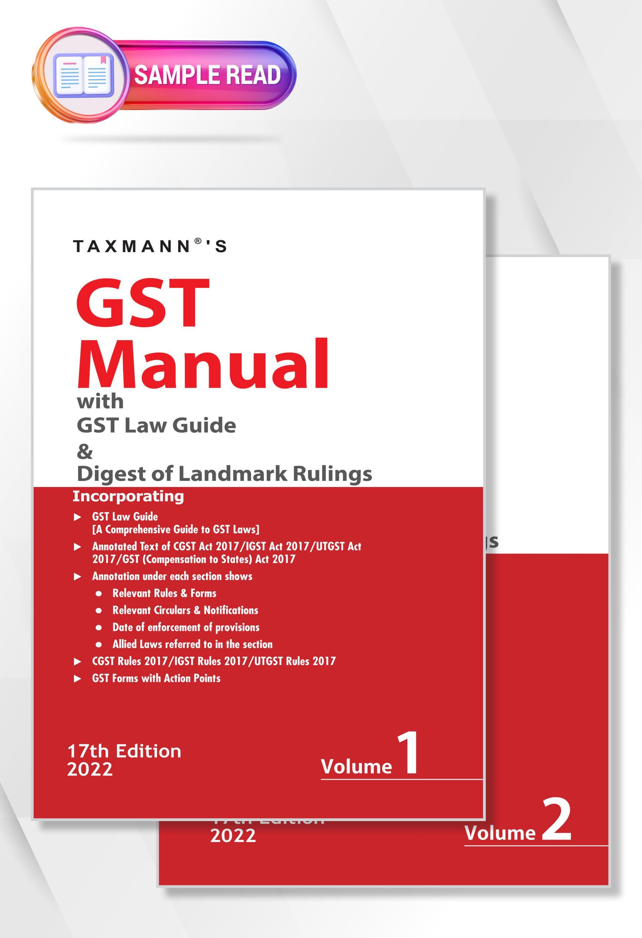 Taxmann's GST Manual with GST Law Guide & Digest of Landmark Rulings | Set of 2 Vols. by Taxmann ...