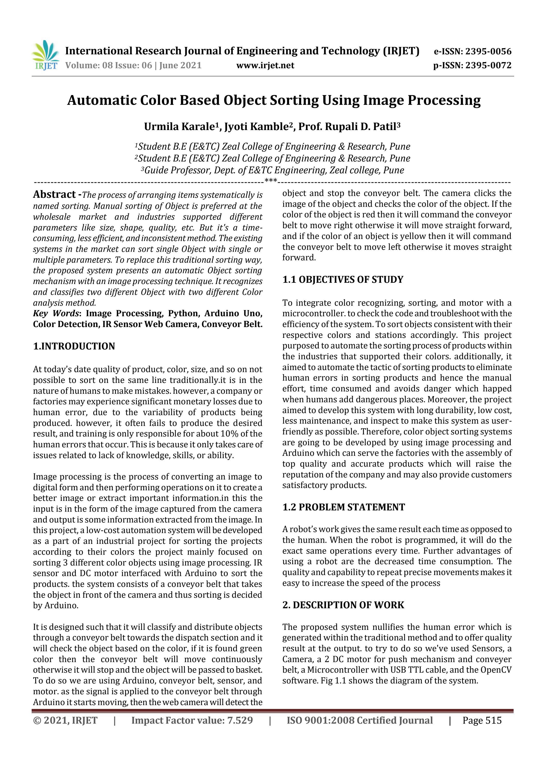 IRJET- Automatic Color based Object Sorting using Image Processing by IRJET Journal - Issuu