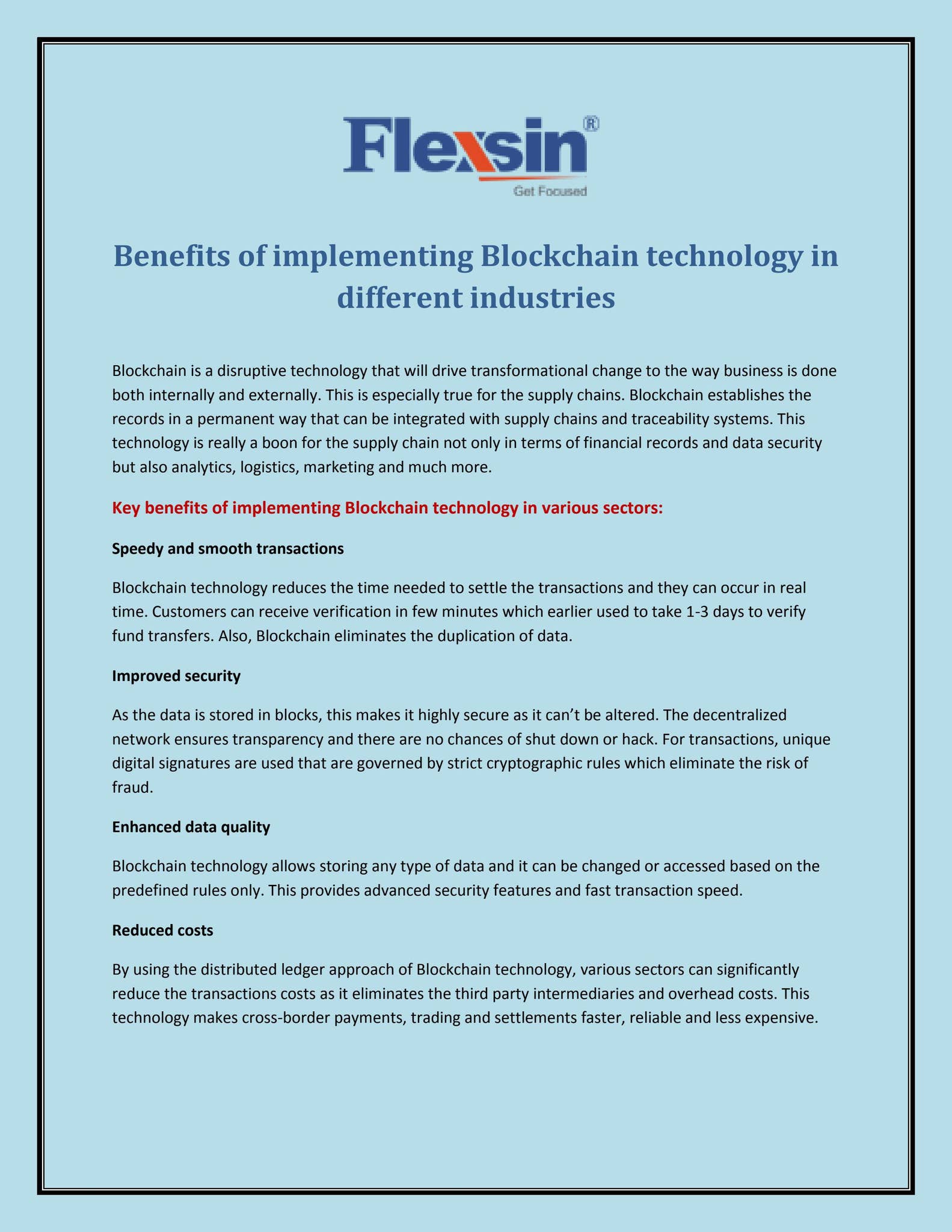 Benefits of implementing Blockchain technology in different industries ...