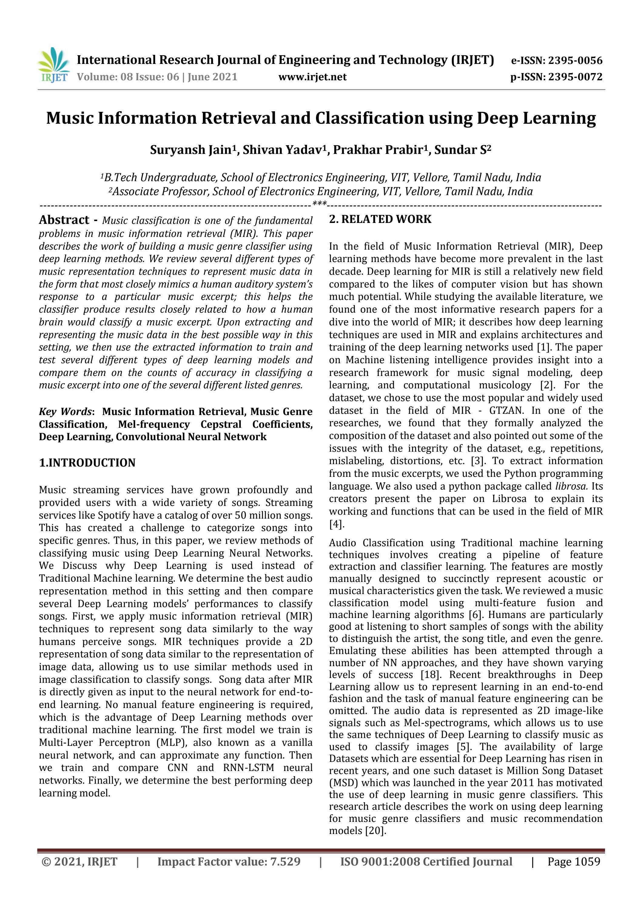 IRJET- Music Information Retrieval and Classification using Deep ...