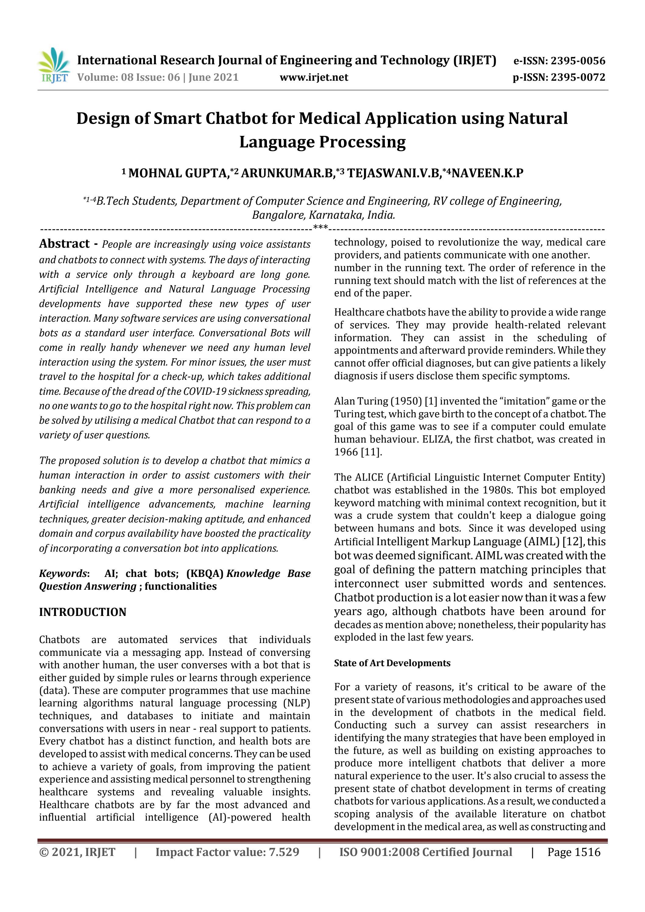 IRJET - Design of Smart Chatbot for Medical Application using Natural ...