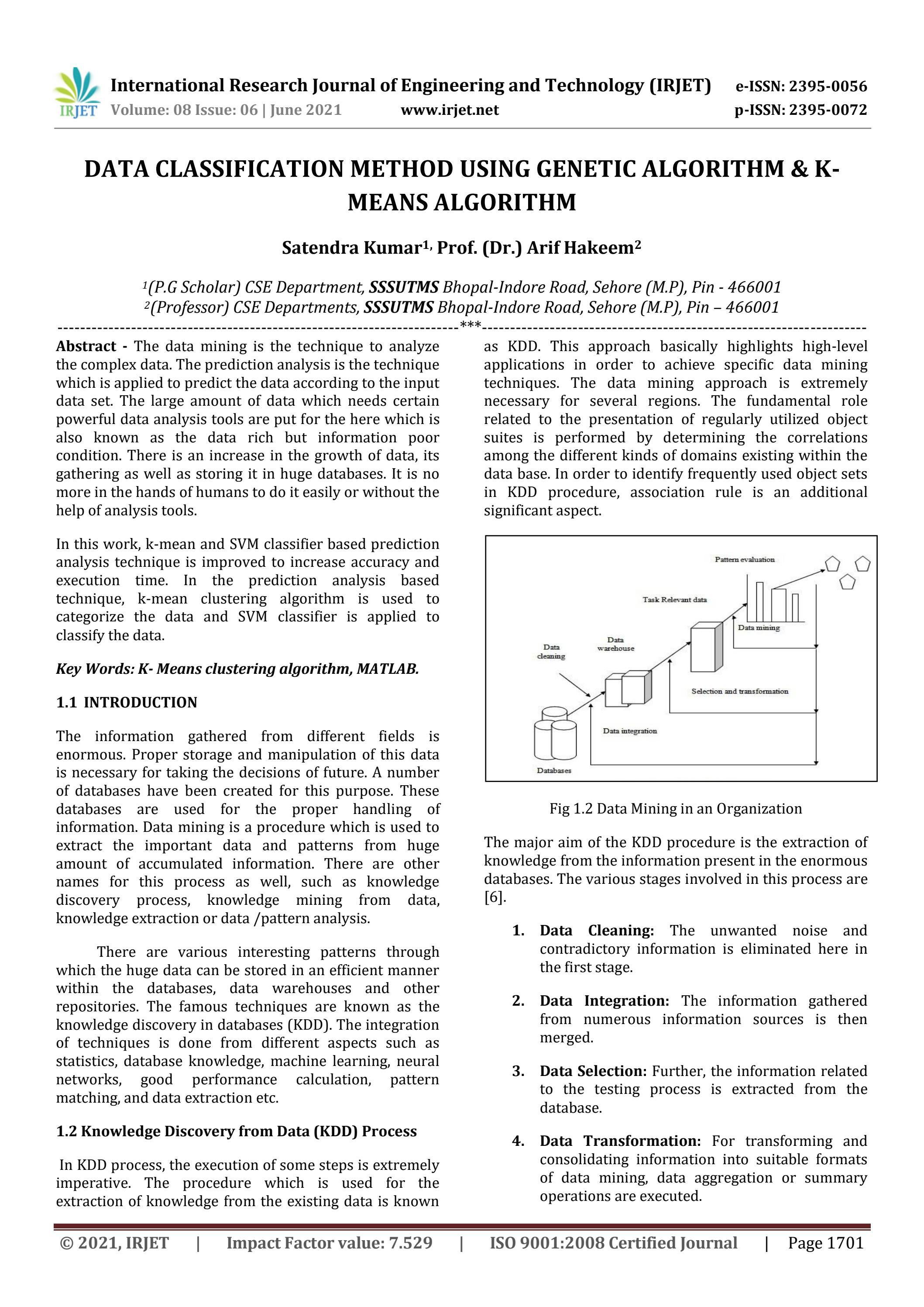 Irjet Data Classification Method Using Genetic Algorithm And K Means Algorithm By Irjet Journal