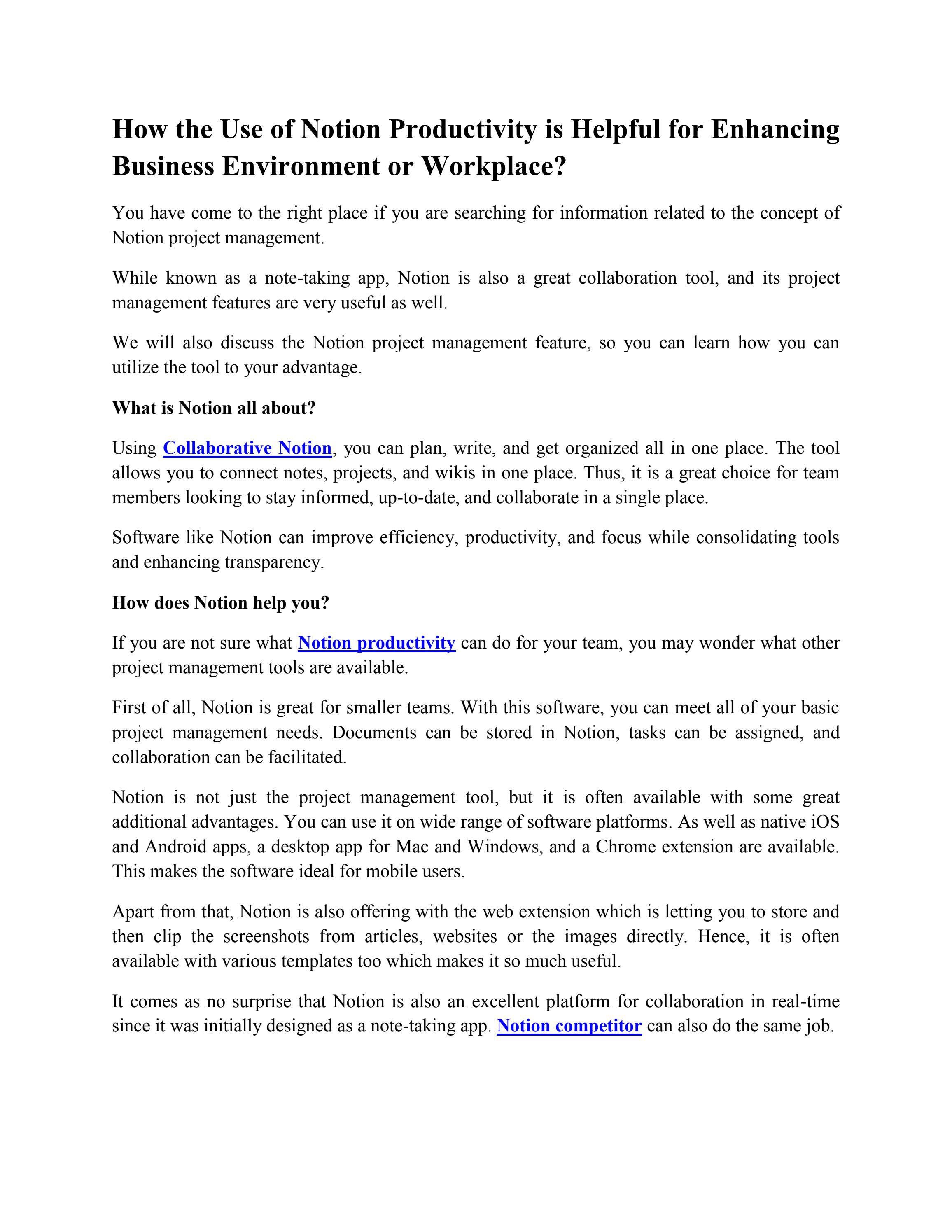 How The Use Of Notion Productivity Is Helpful For Enhancing Business Environment Or Workplace