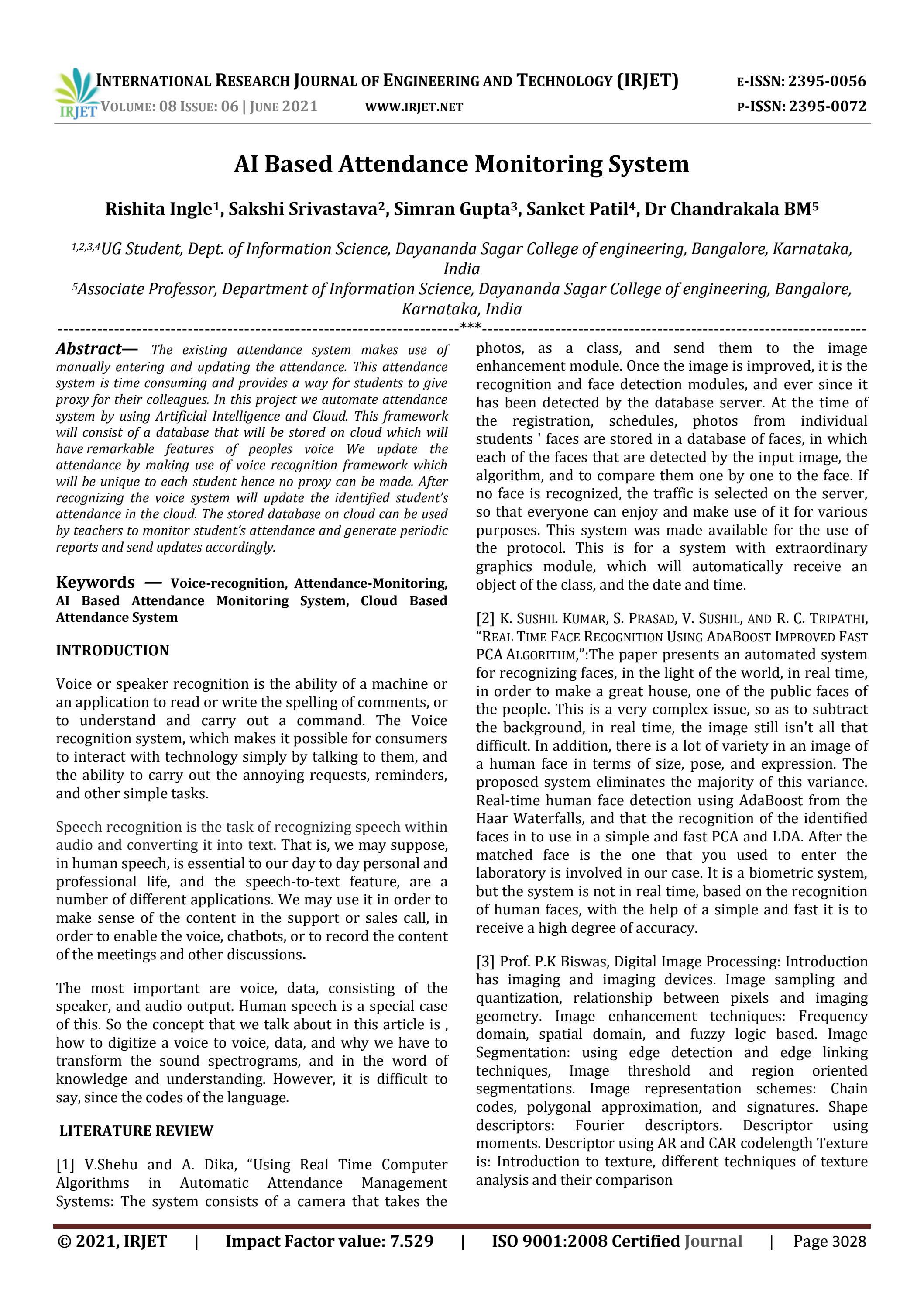 IRJET- AI based Attendance Monitoring System by IRJET Journal - Issuu
