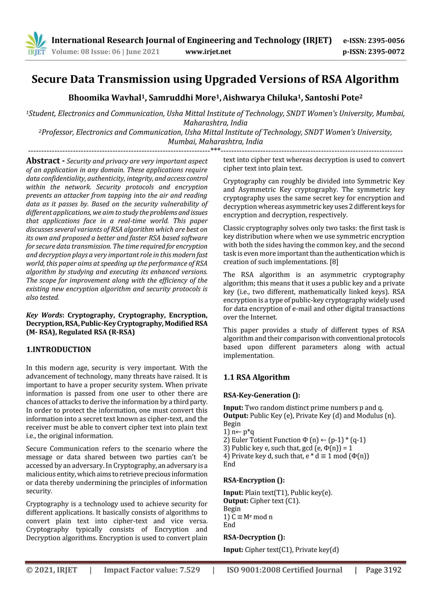 IRJET- Secure Data Transmission using Upgraded Versions of RSA ...