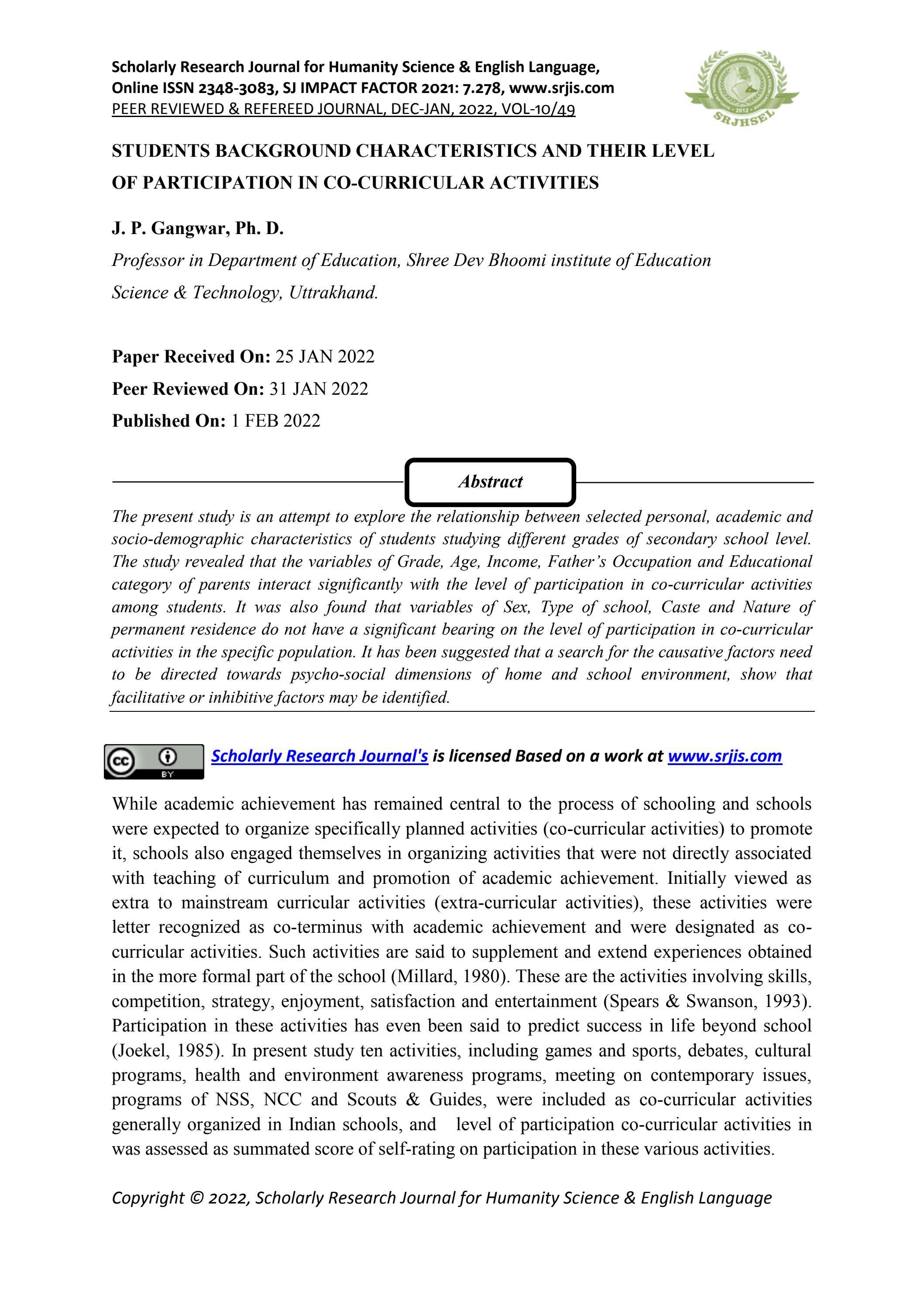 STUDENTS BACKGROUND CHARACTERISTICS AND THEIR LEVEL OF PARTICIPATION IN ...