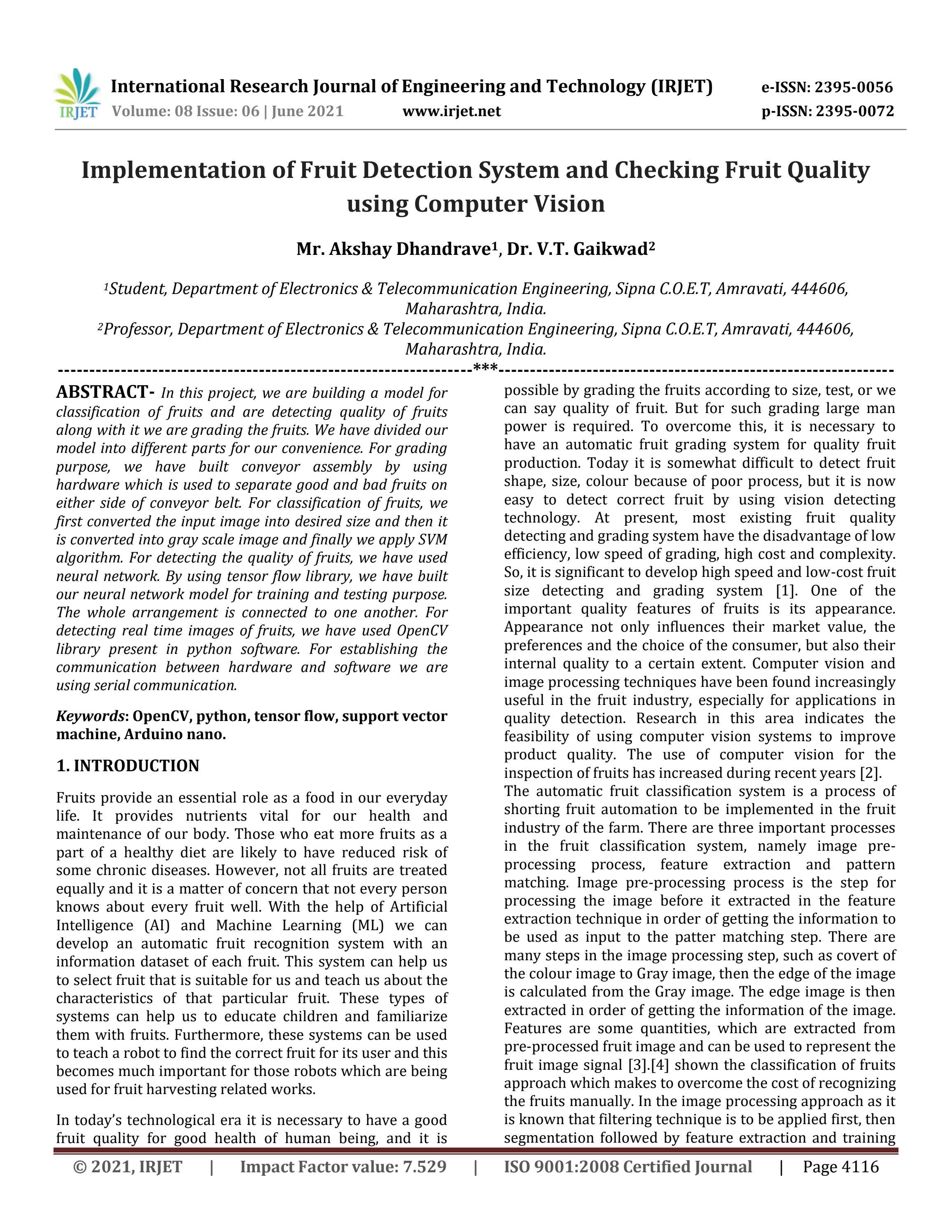IRJET- Implementation of Fruit Detection System and Checking Fruit Quality using Computer Vision ...