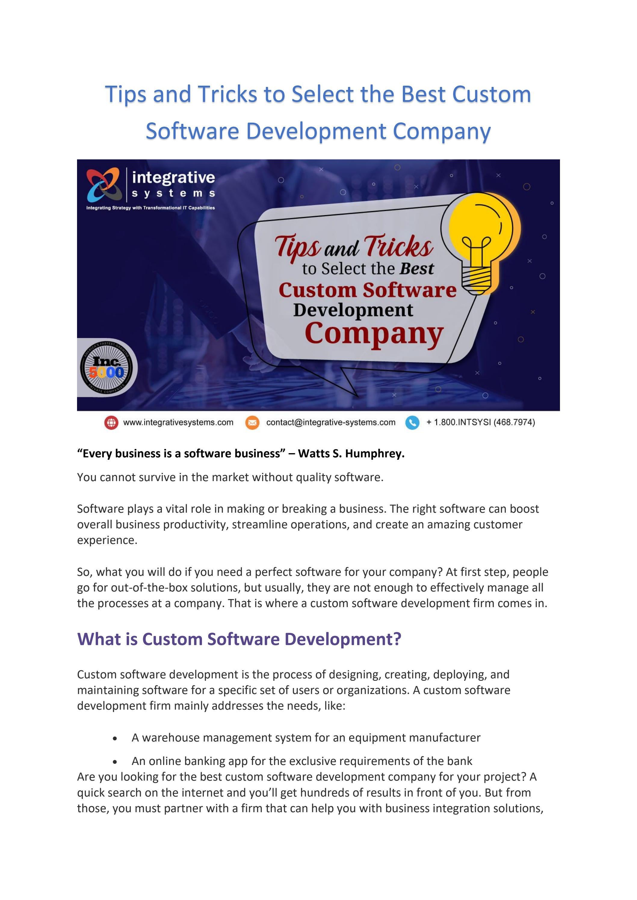 Tips and Tricks to Select the Best Custom Software Development Company by Integrative Systems ...