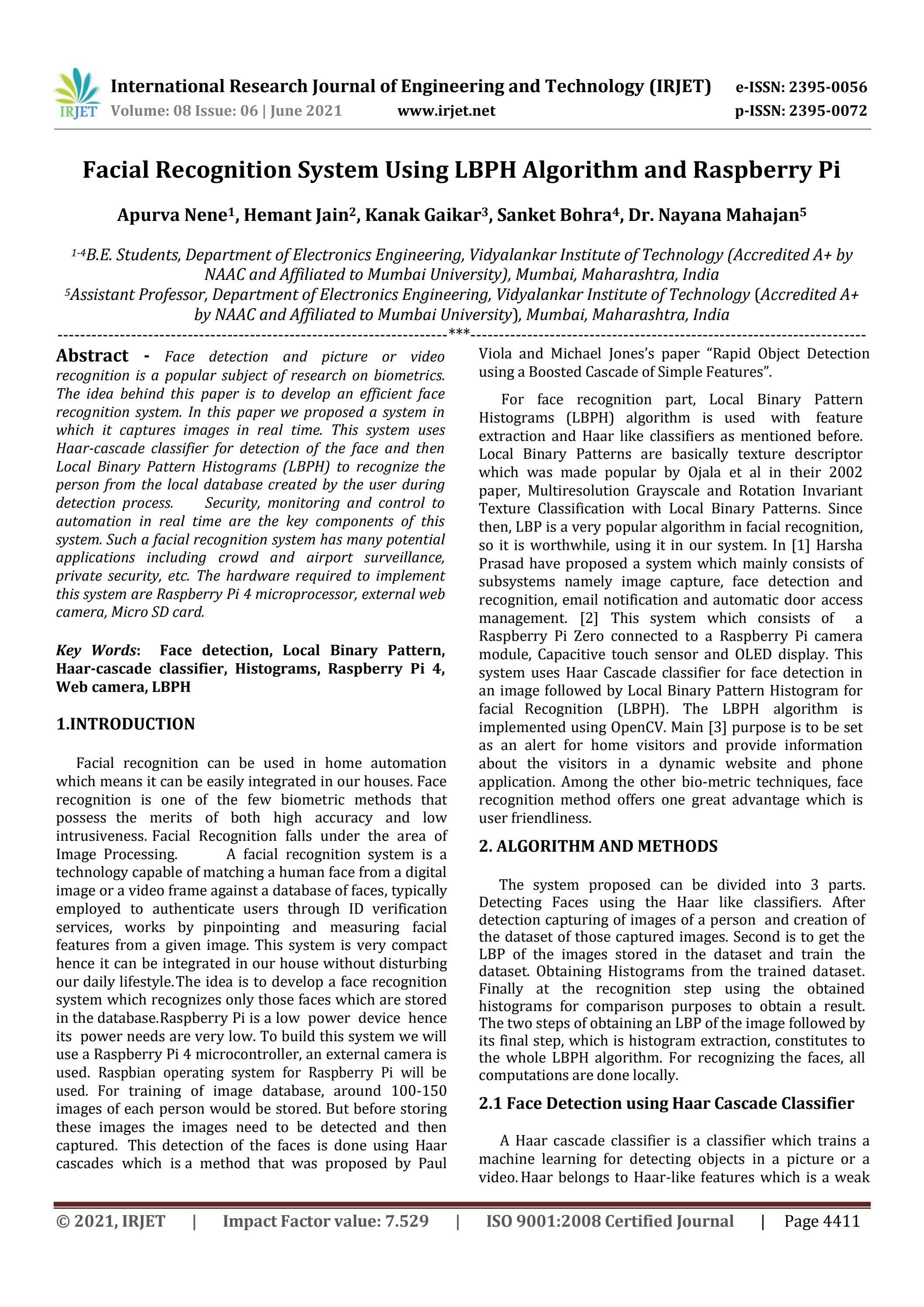 IRJET- Facial Recognition System Using LBPH Algorithm and Raspberry Pi ...