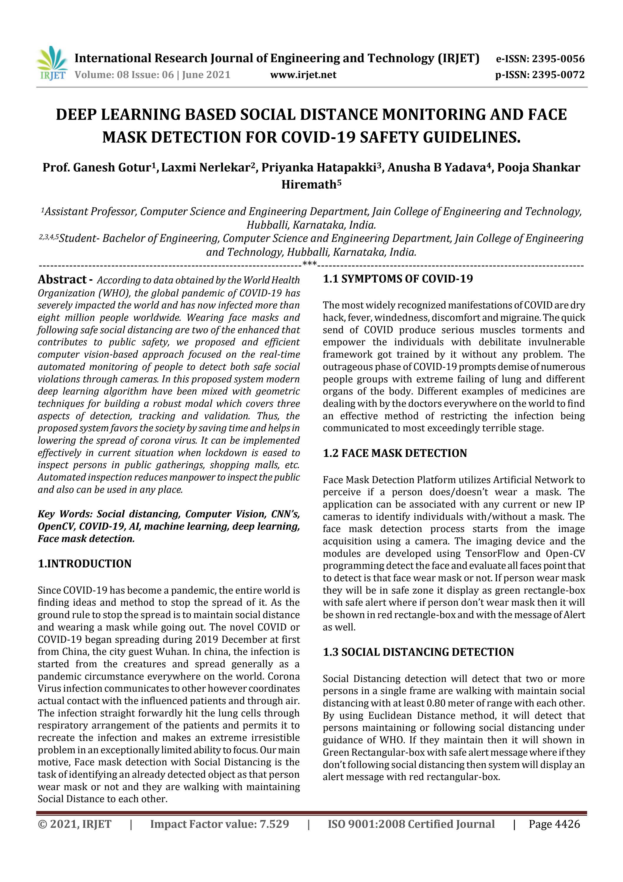 IRJET- Deep Learning Based Social Distance Monitoring and Face Mask Detection For Covid-19 ...
