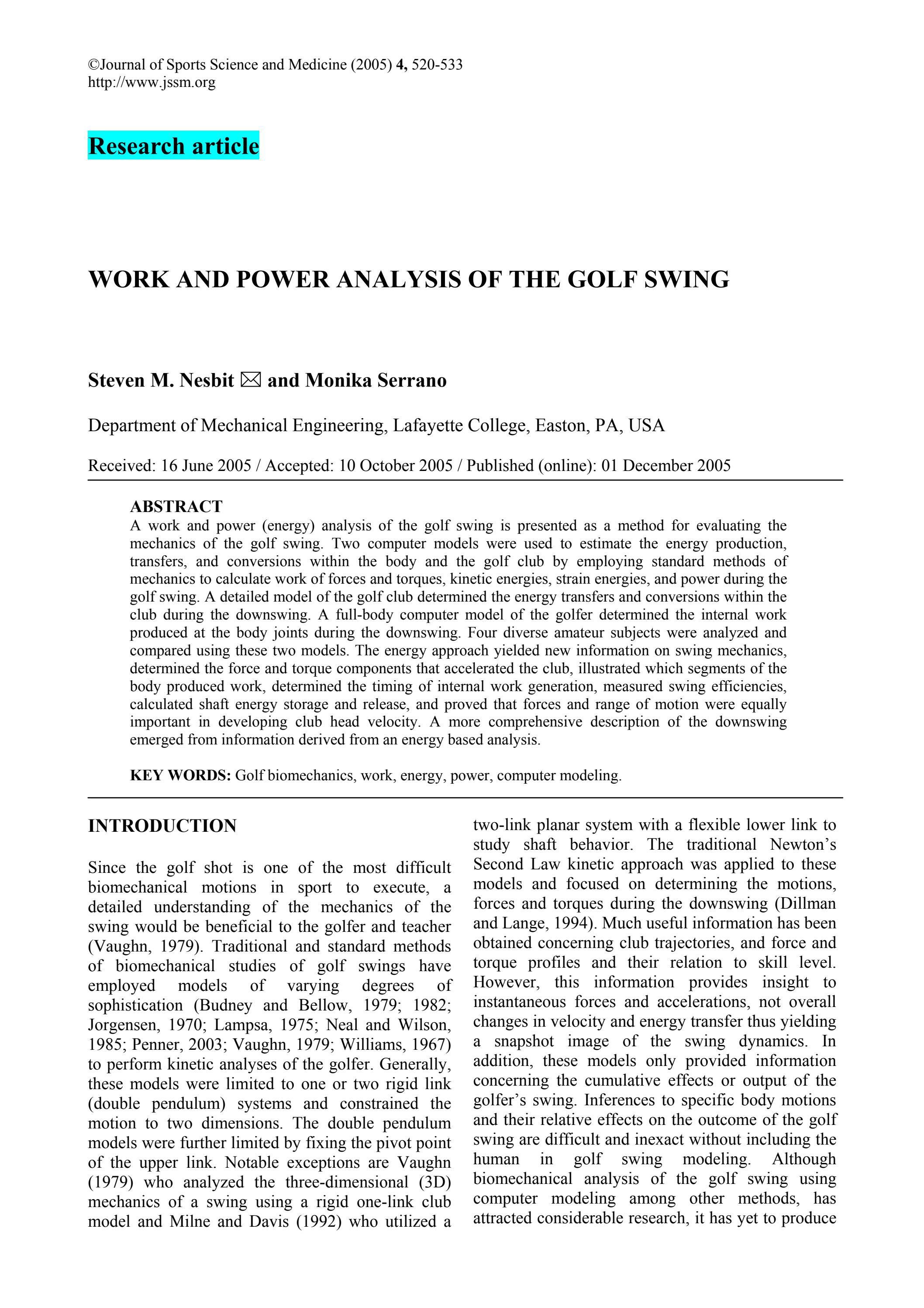 Work and Power Analysis of the Golf Swing by jacobs3d - Issuu