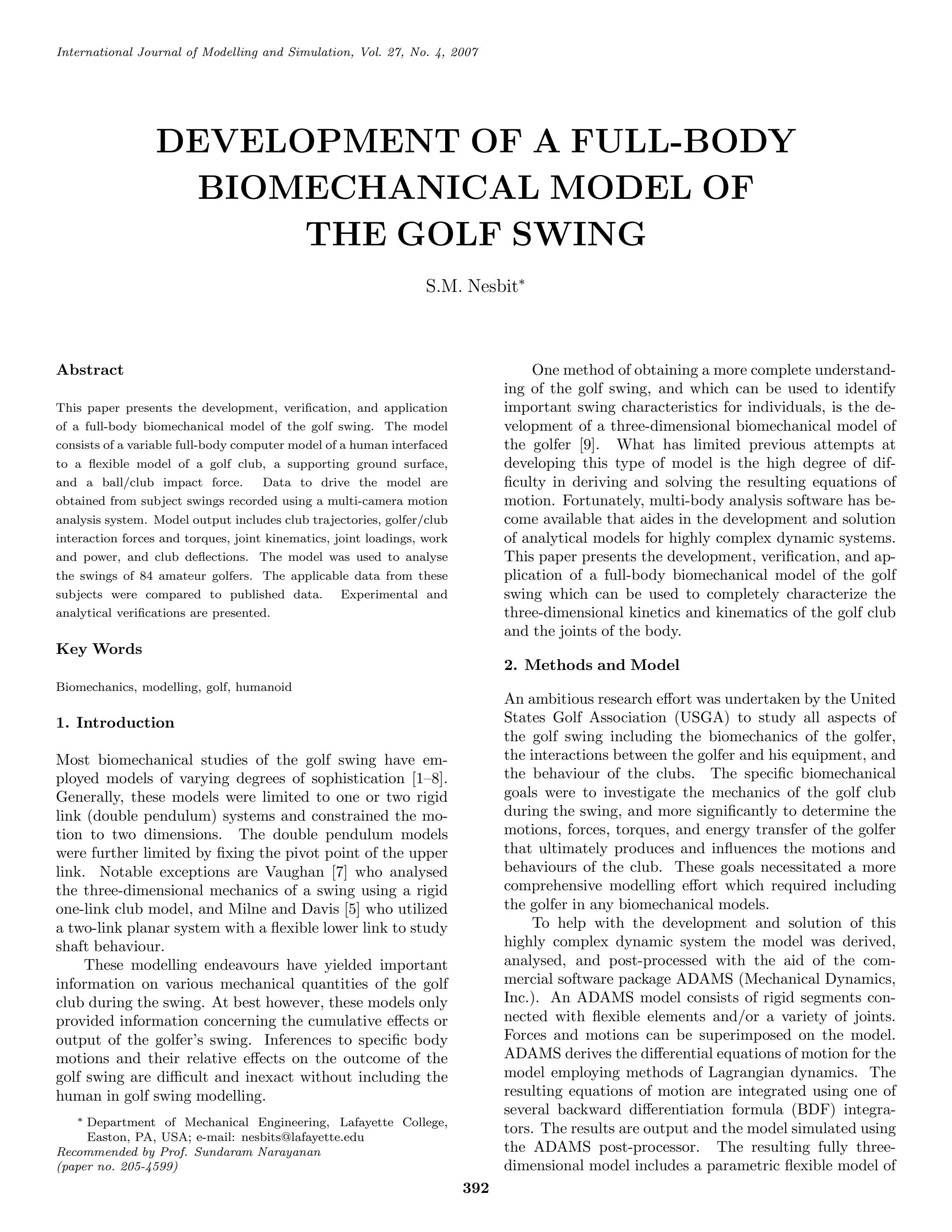 Development of a Full Body Biomechanical Model of the Golf Swing by ...