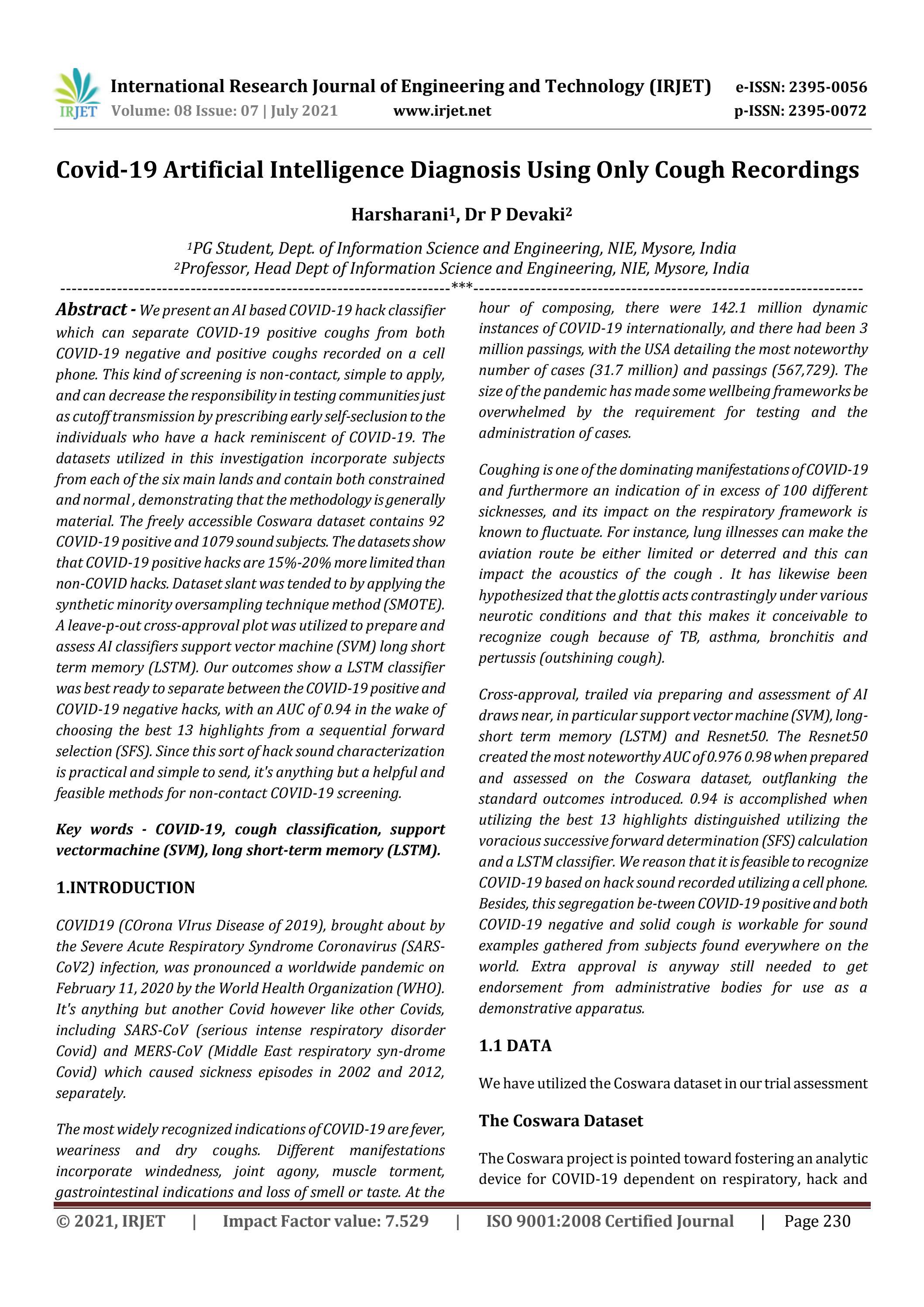 IRJET- Covid-19 Artificial Intelligence Diagnosis using Only Cough Recordings by IRJET Journal ...