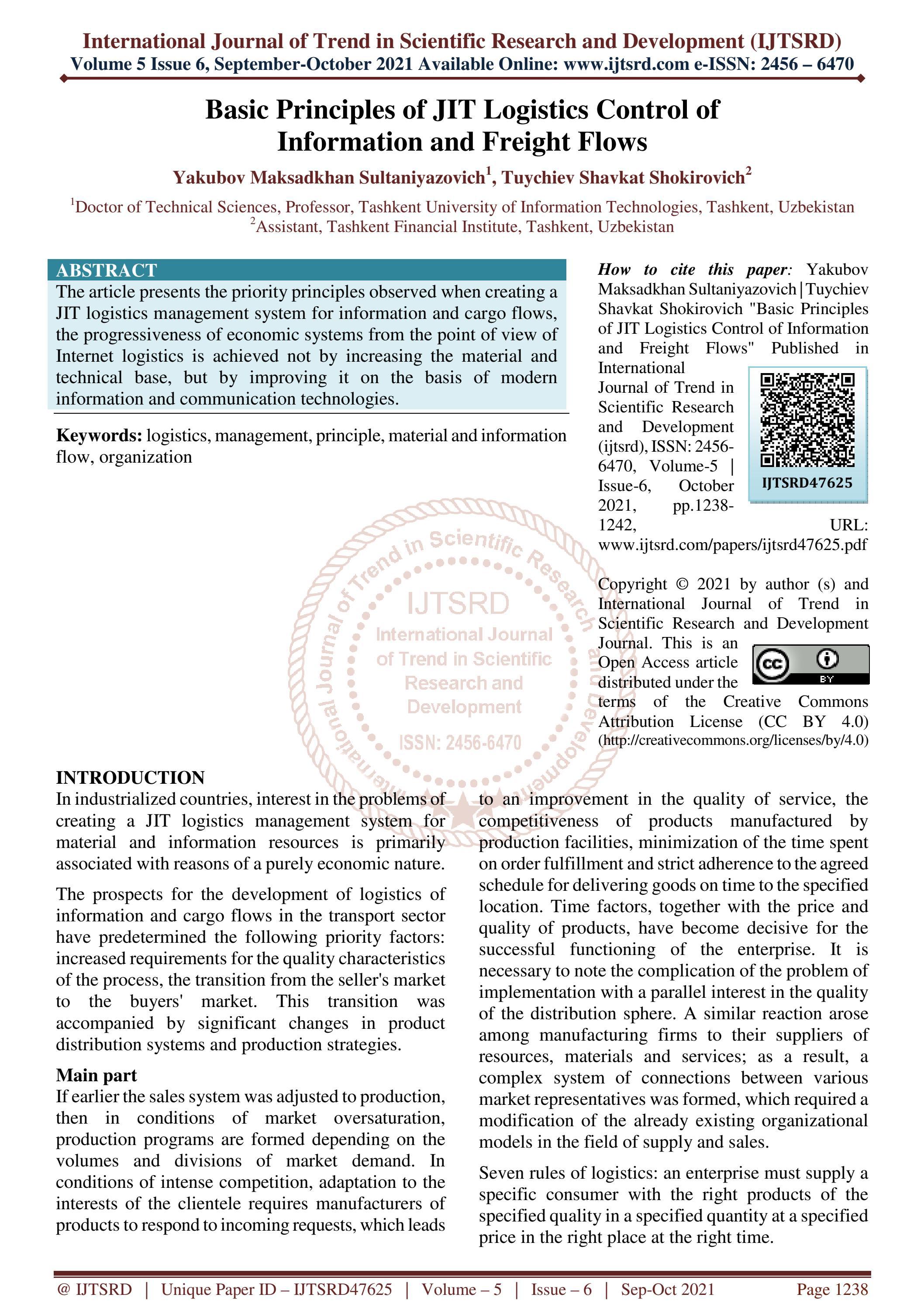 Basic Principles of JIT Logistics Control of Information and Freight Flows by International ...