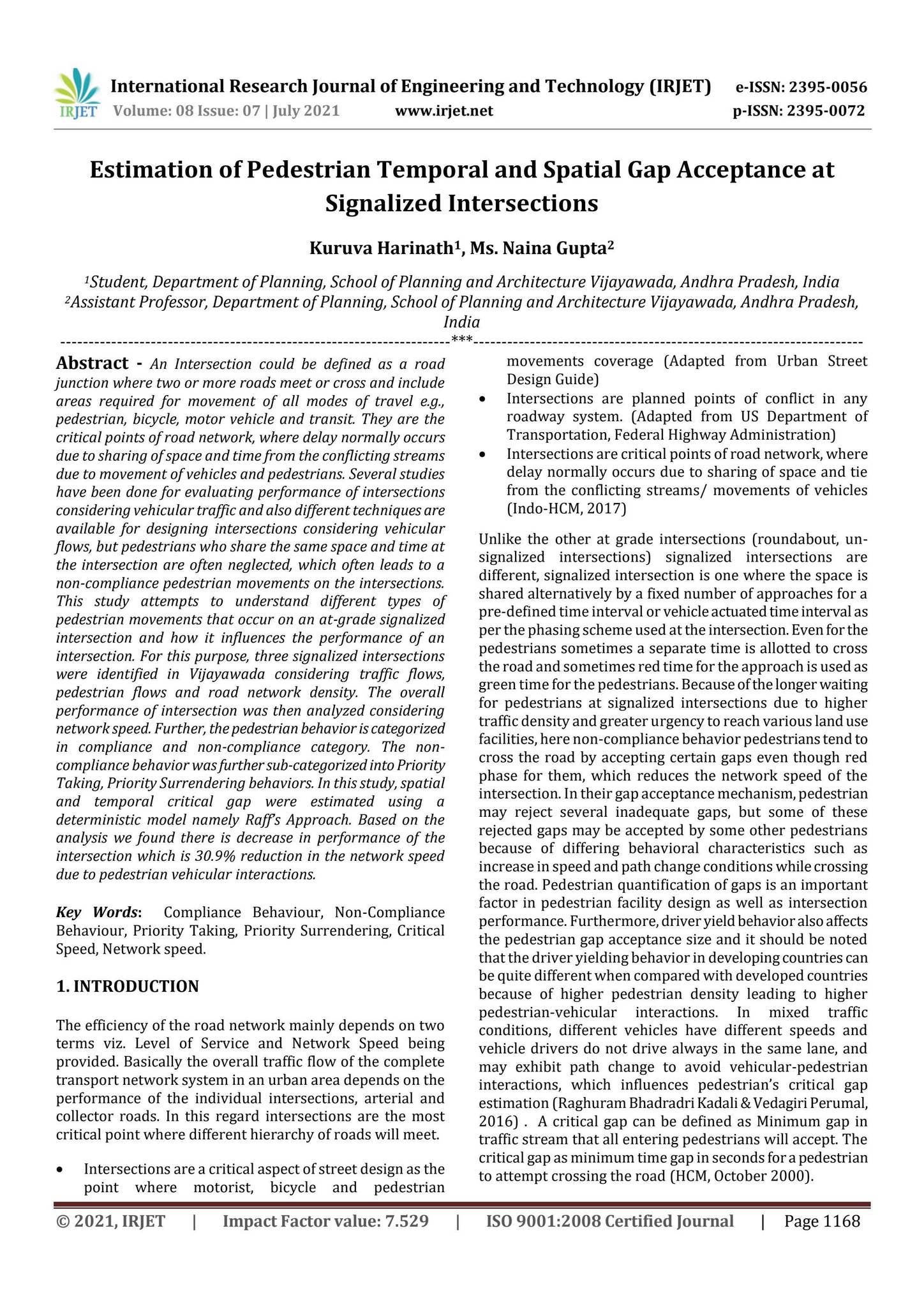 IRJET- Estimation of Pedestrian Temporal and Spatial Gap Acceptance at Signalized Intersections ...