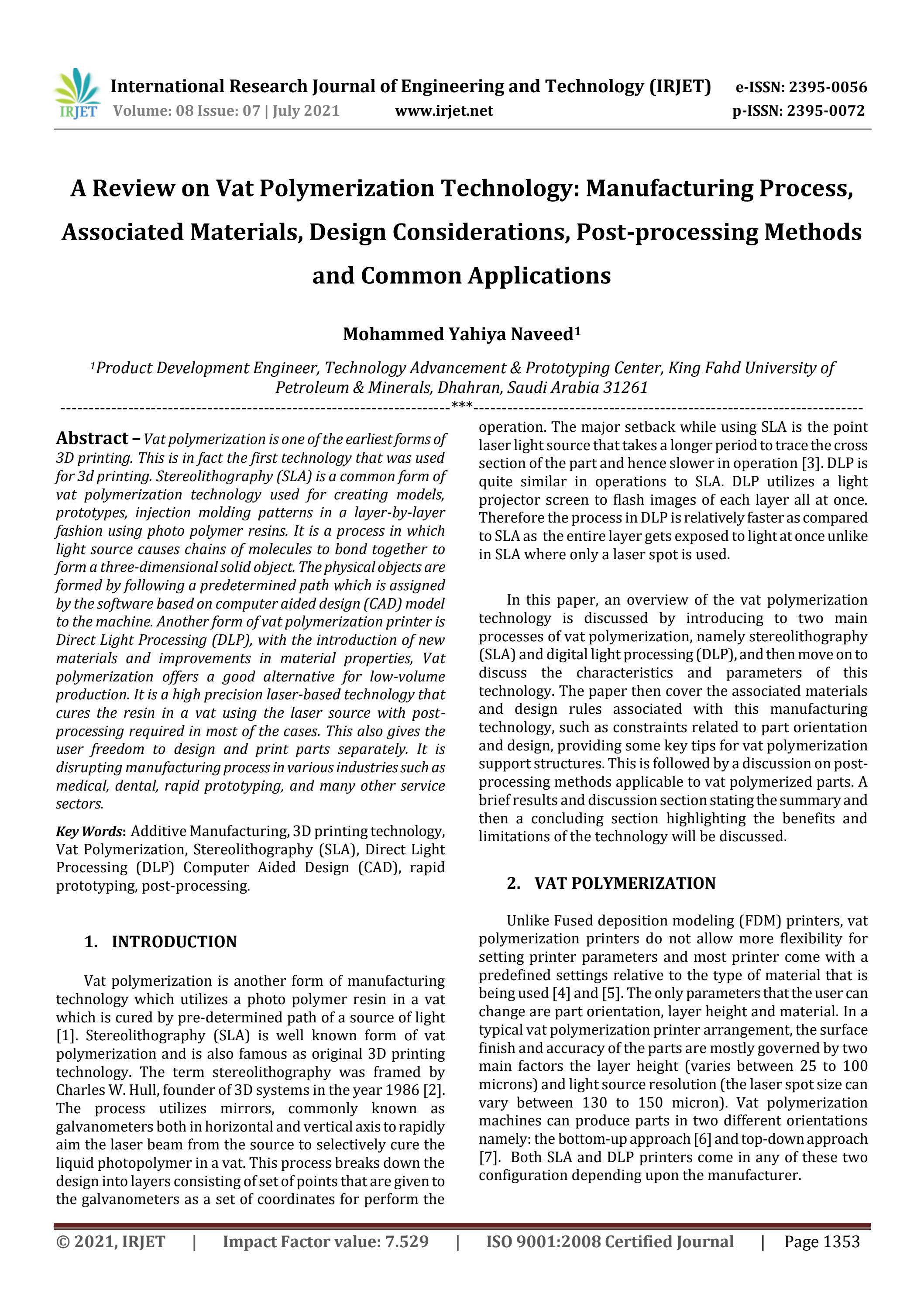 IRJET- A Review on Vat Polymerization Technology: Manufacturing Process ...