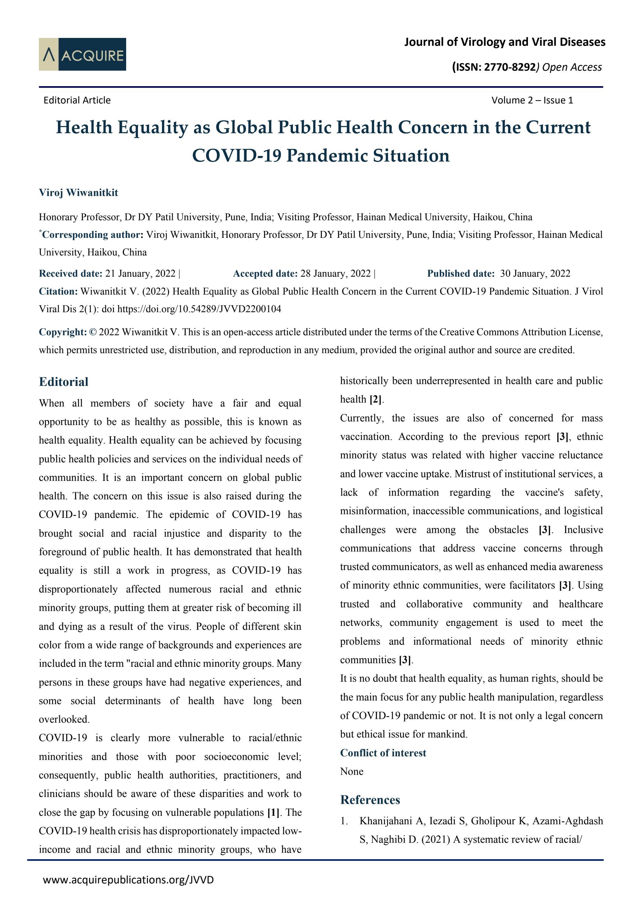 Health Equality as Global Public Health Concern in the Current COVID-19 ...