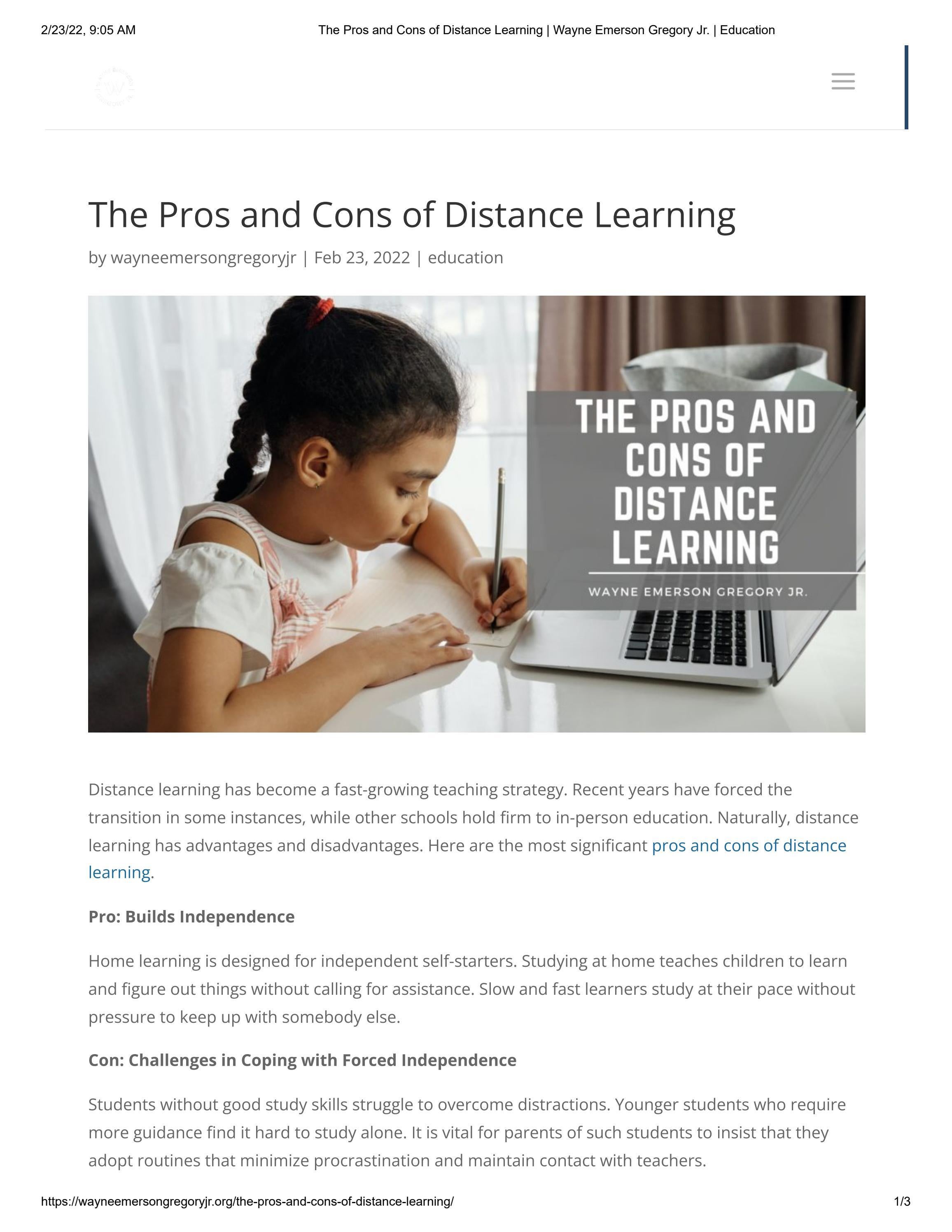 Wayne Emerson Gregory Jr. on The Pros and Cons of Distance Learning by ...