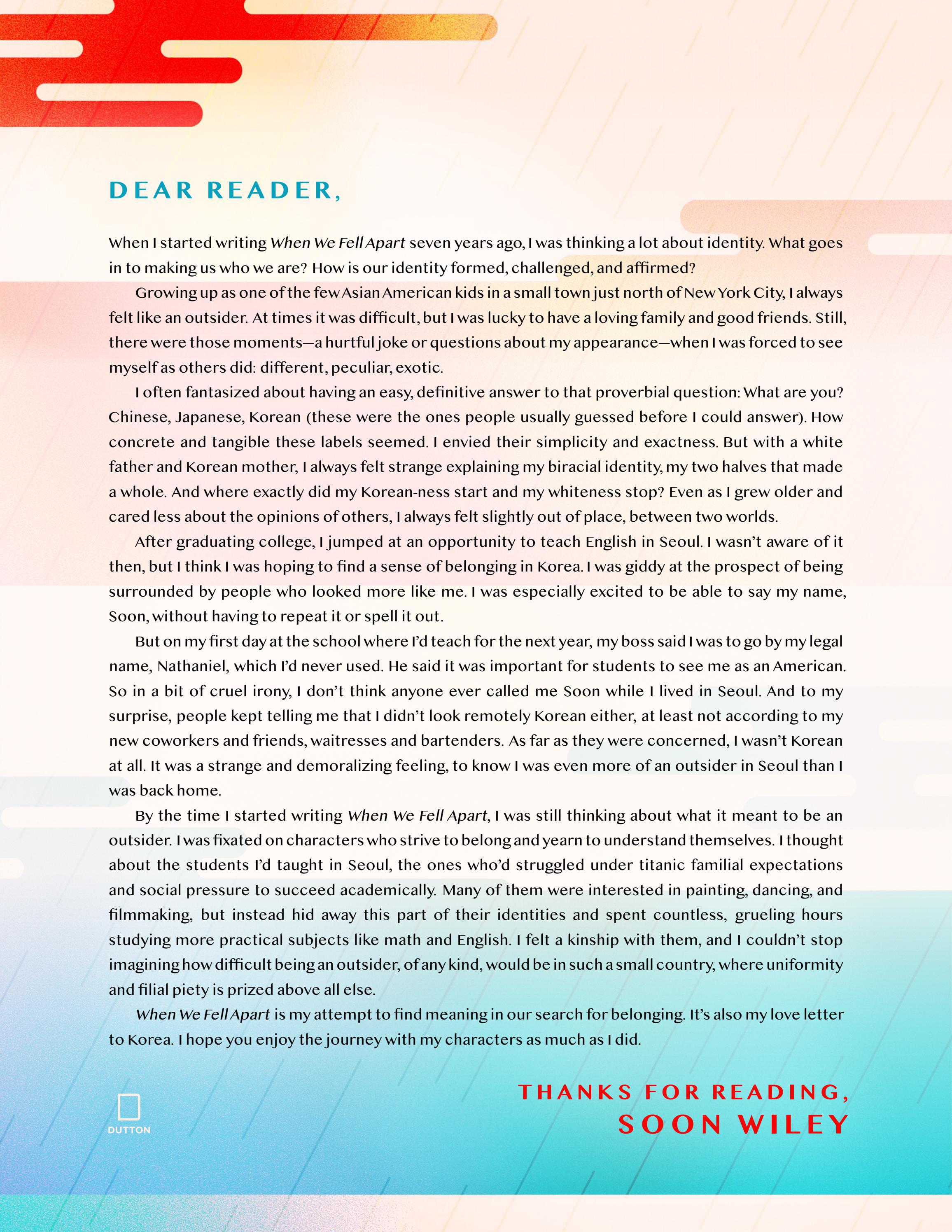 A Letter to Readers from debut author Soon Wiley, WHEN WE FELL APART by ...