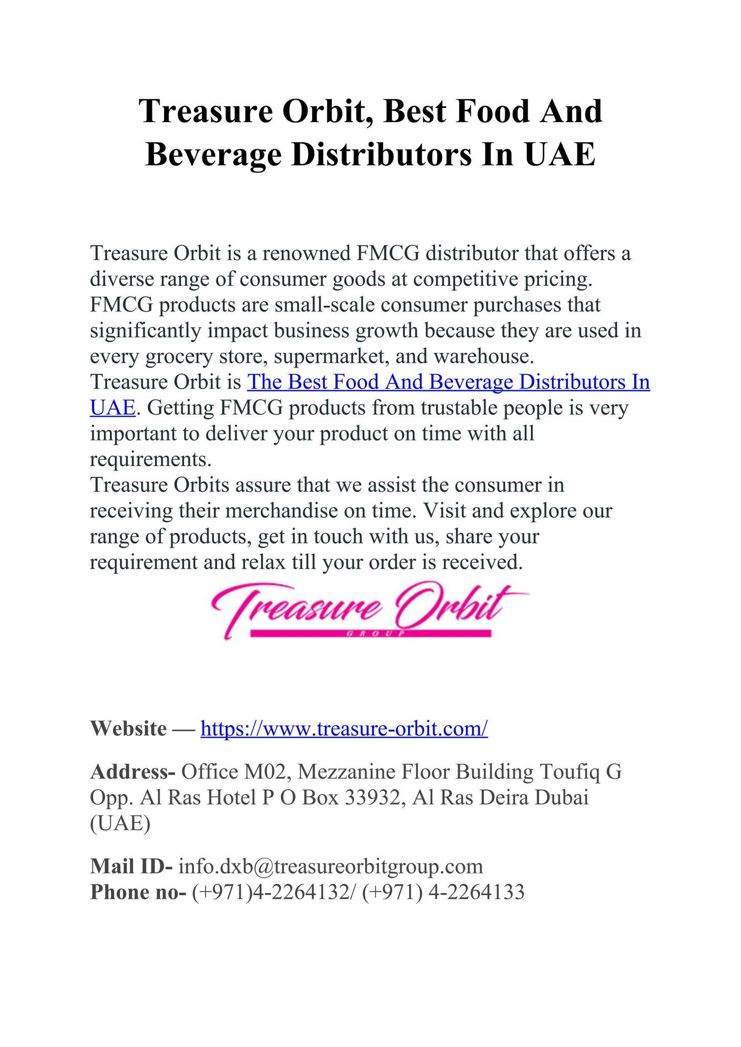 Treasure Orbit, Best Food And Beverage Distributors In UAE by Treasure ...