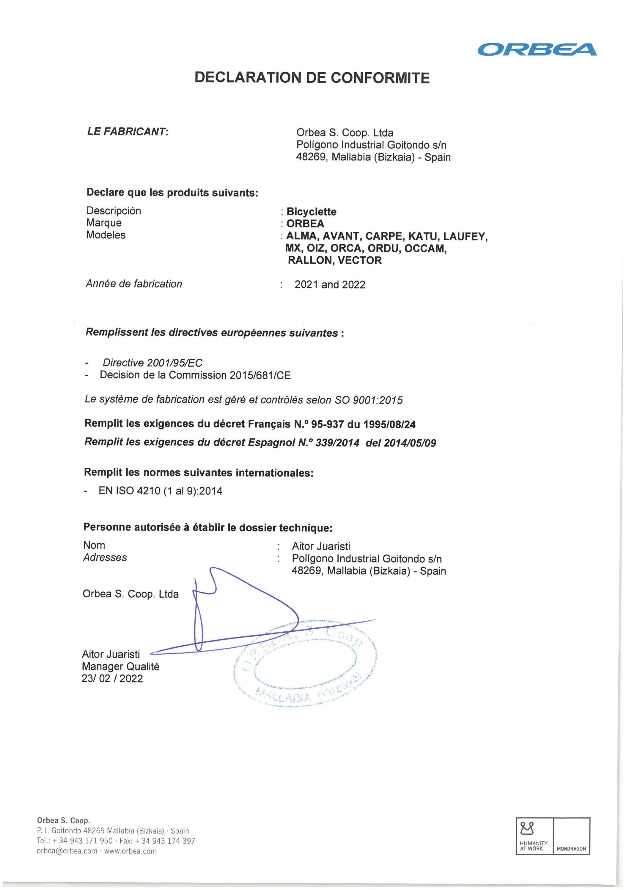 DECLARATION DE CONFORMITE VELOS 2021-2022 by Orbea Bicycles - Issuu