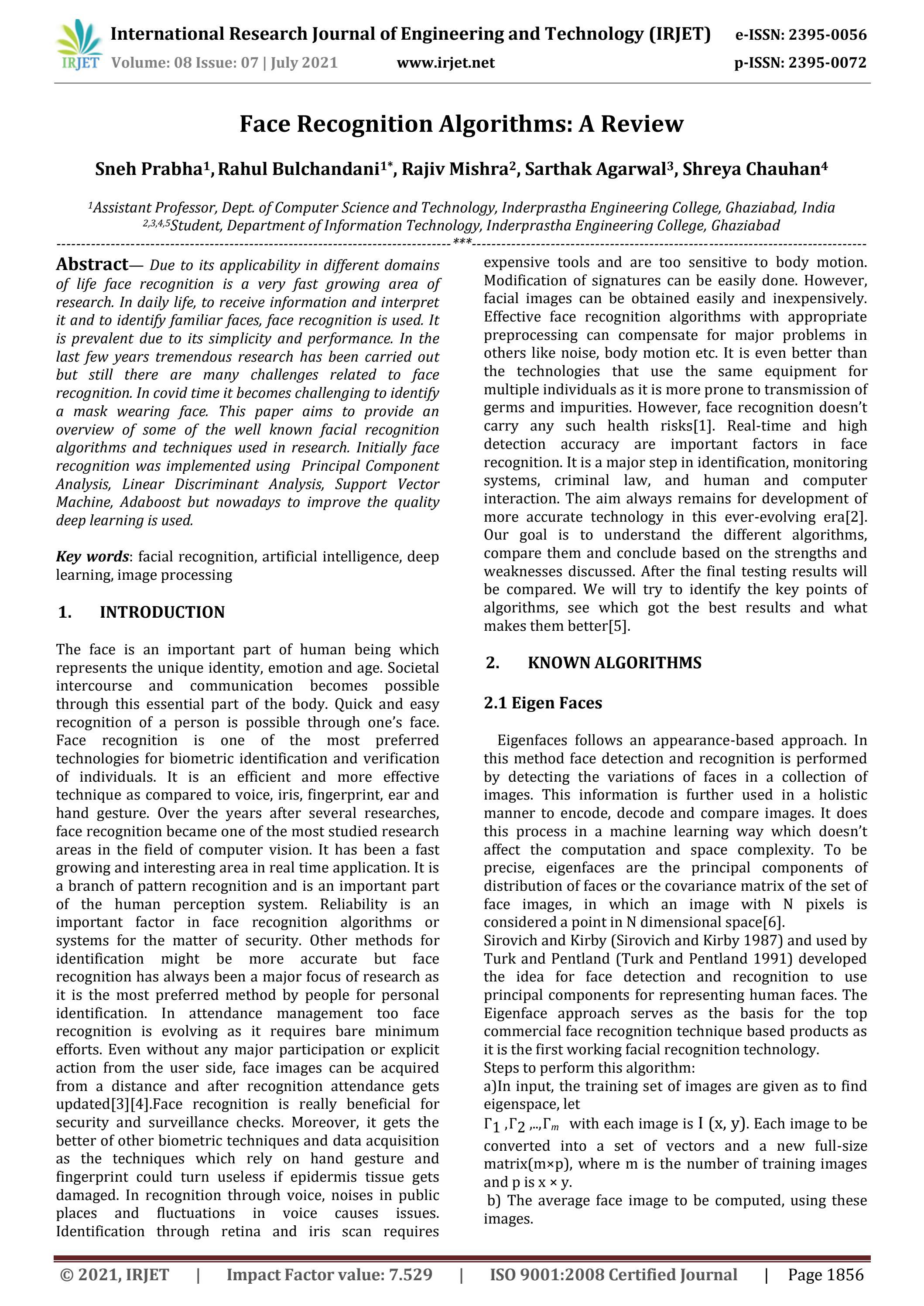 IRJET- Face Recognition Algorithms: A Review by IRJET Journal - Issuu