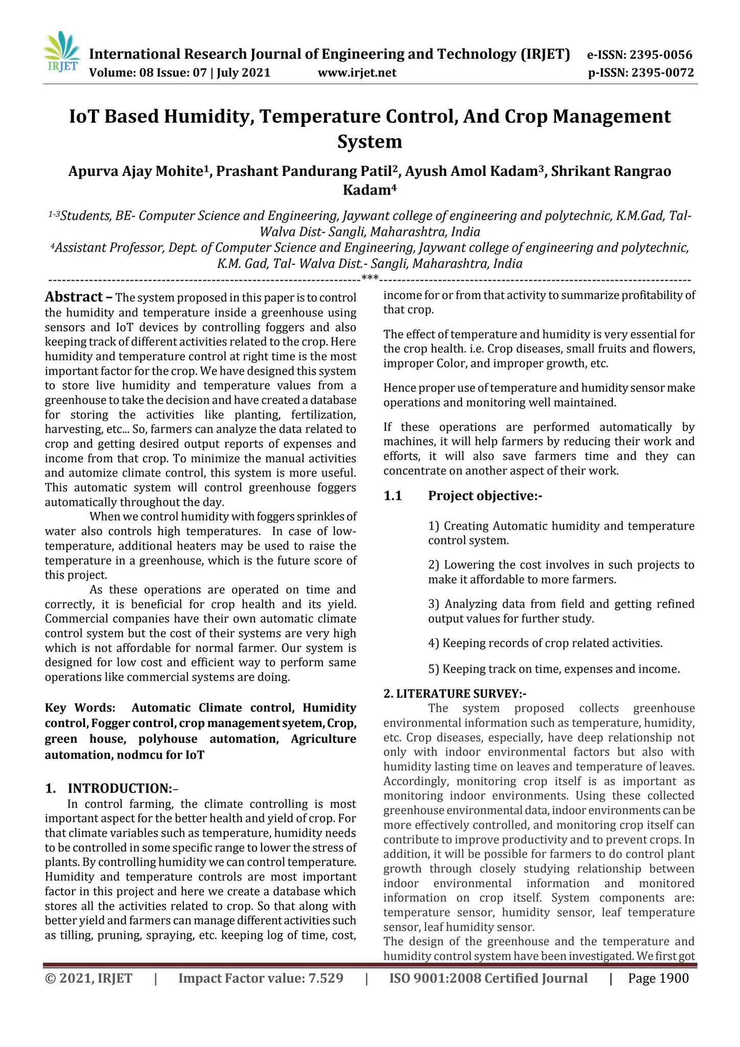 IRJET- IoT Based Humidity, Temperature Control, And Crop Management ...