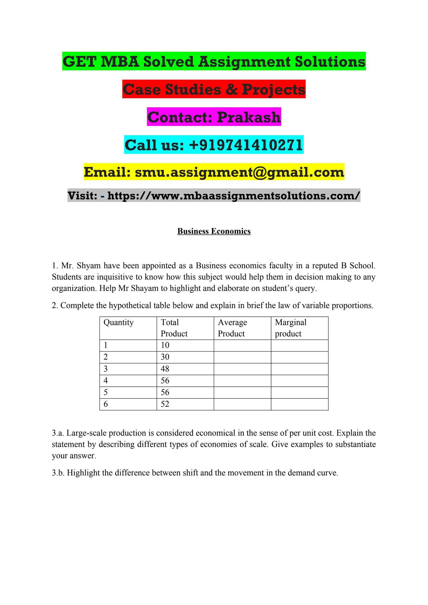 Complete the hypothetical table below and explain in brief the law of ...