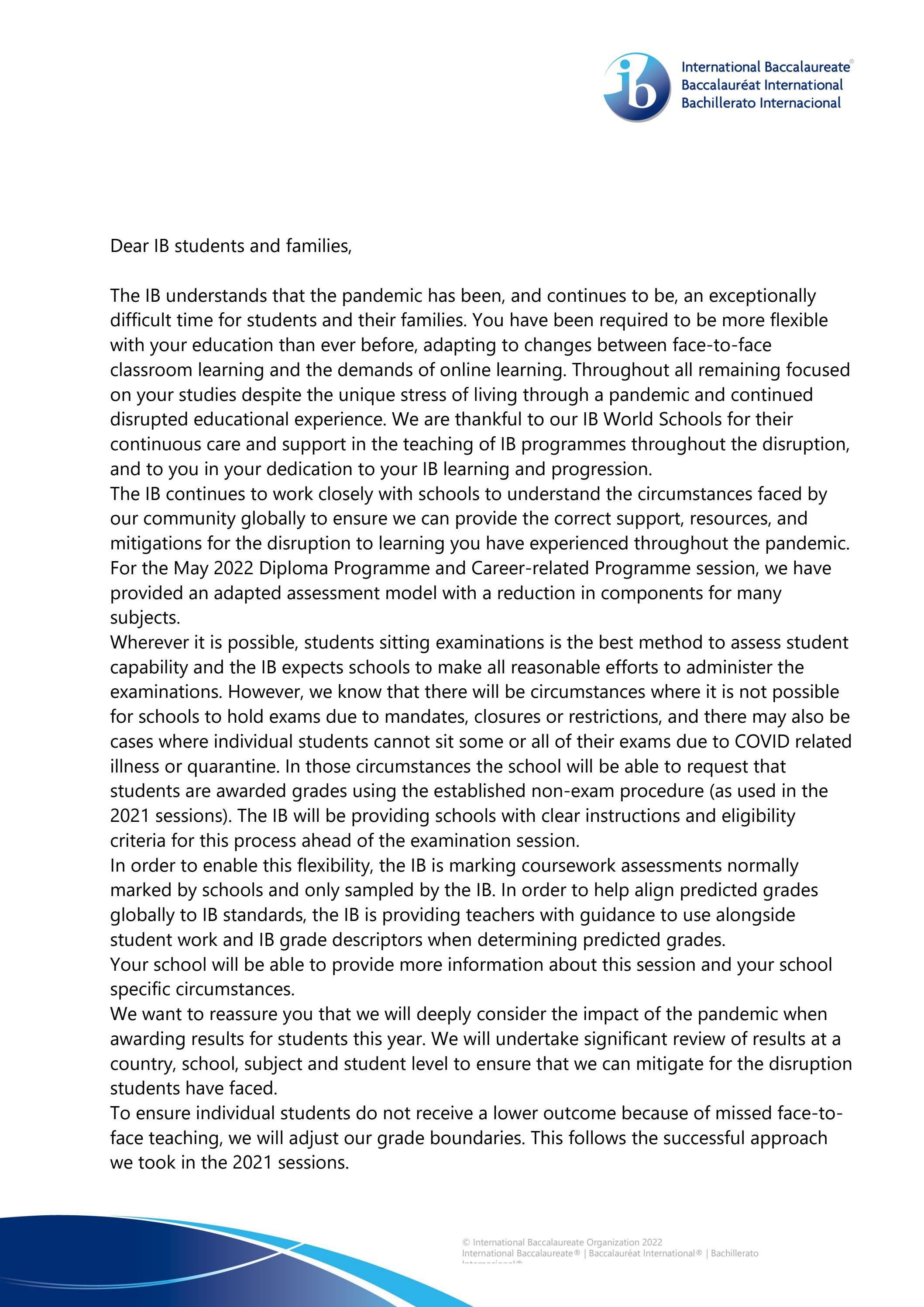 IB letter of support to students and families of May 2022 by St Andrews ...