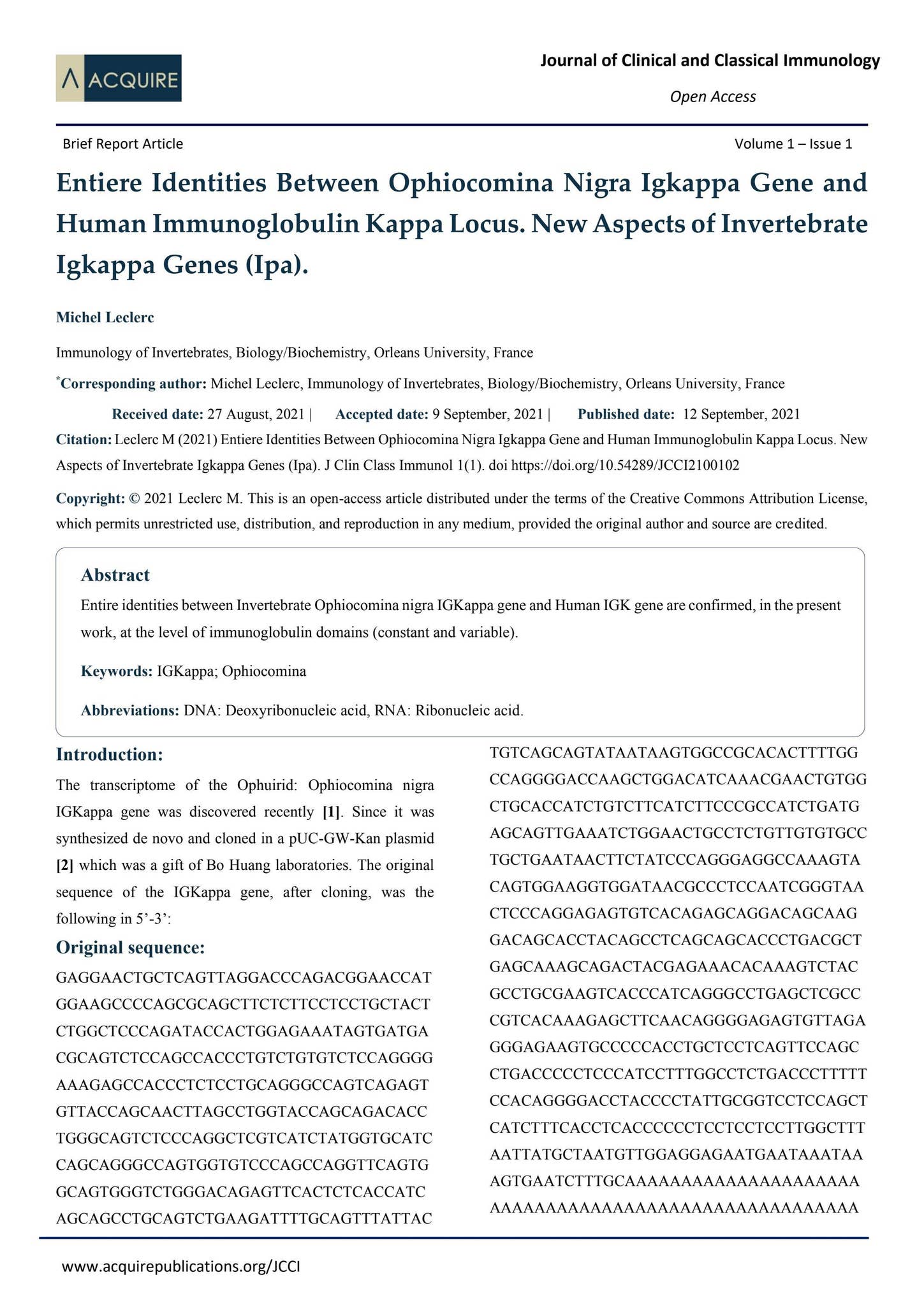 Entiere Identities Between Ophiocomina Nigra Igkappa Gene and Human ...