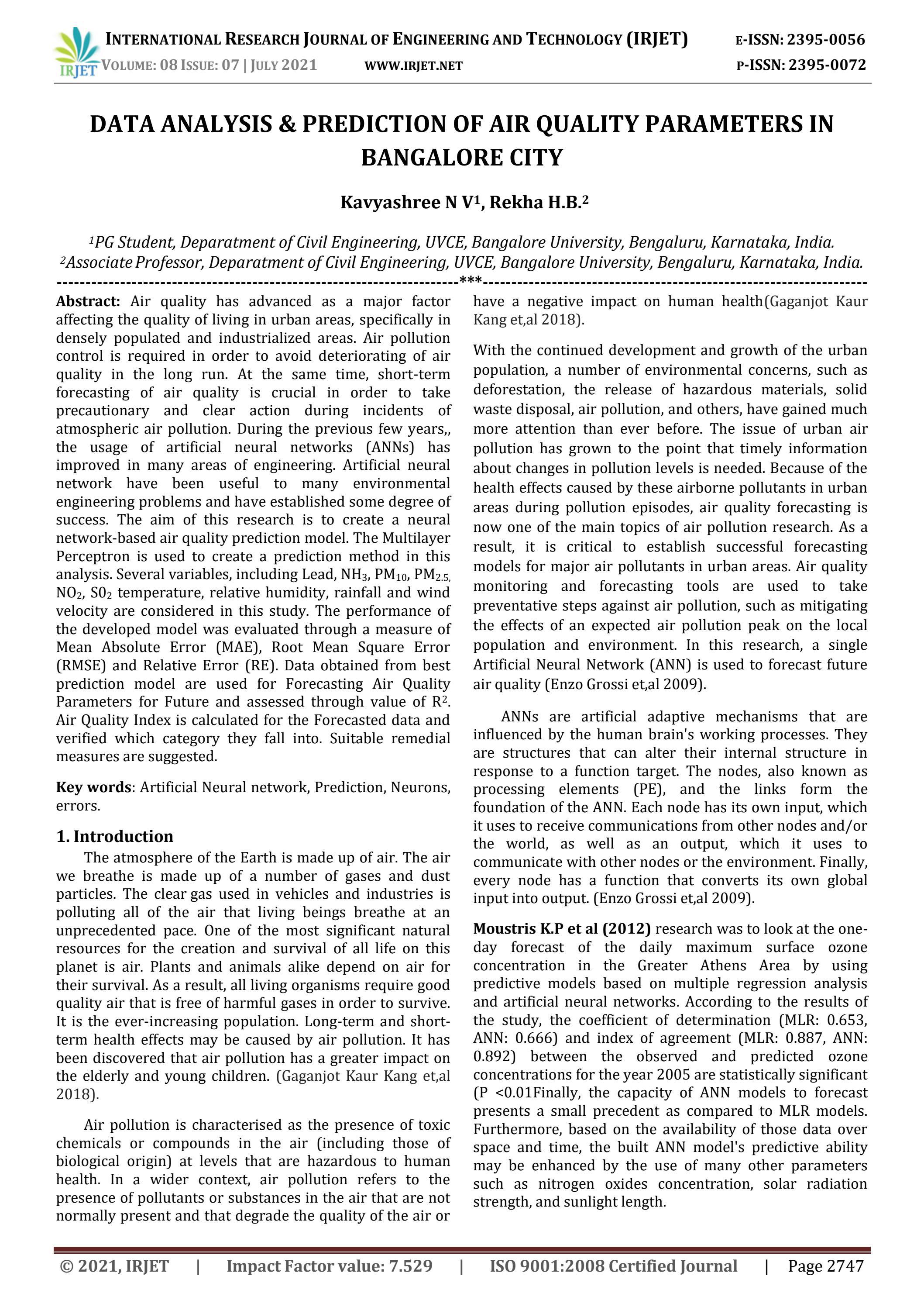 IRJET- Data Analysis & Prediction of Air Quality Parameters in ...